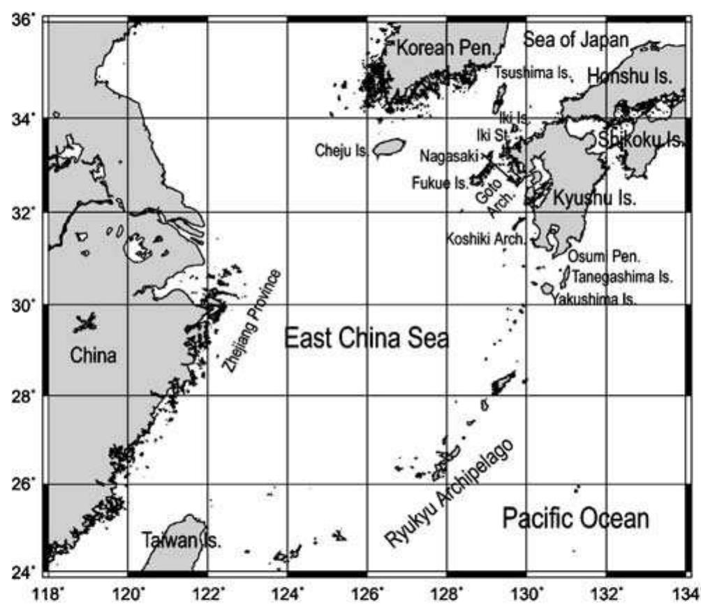 Map showing the geographical positions of the east china sea
