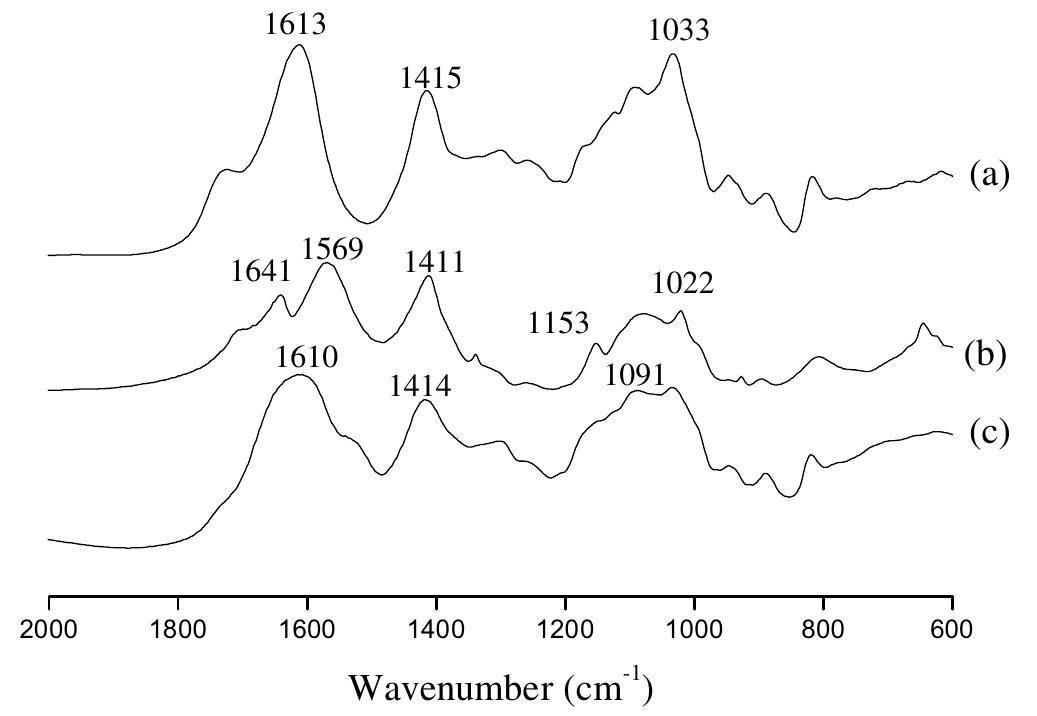 Ftir spectra of solid (a) alginate, (b) chitosan, and (c)