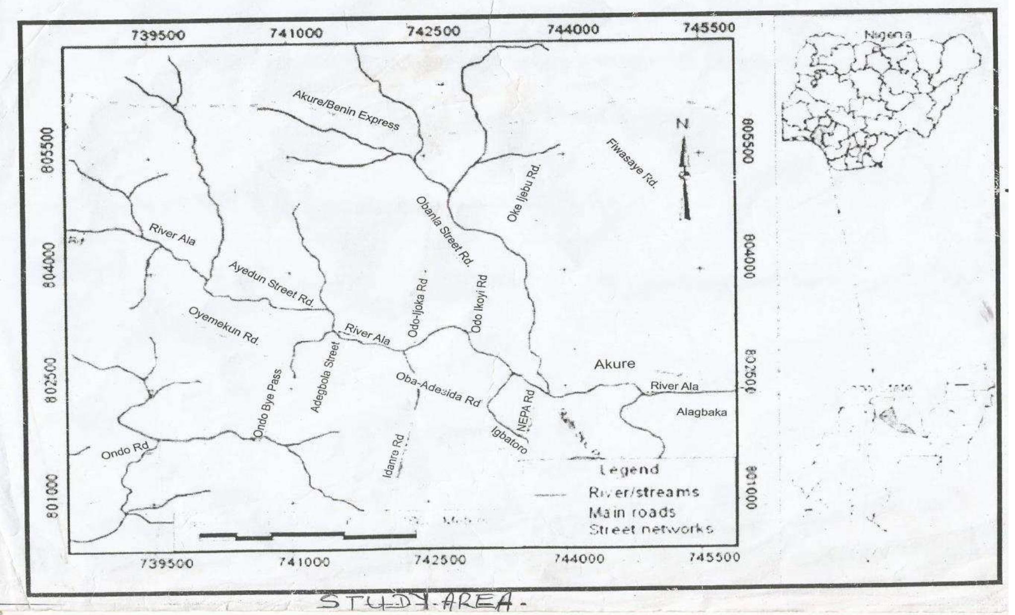 Below shows the map of akure, indicating the sampling points