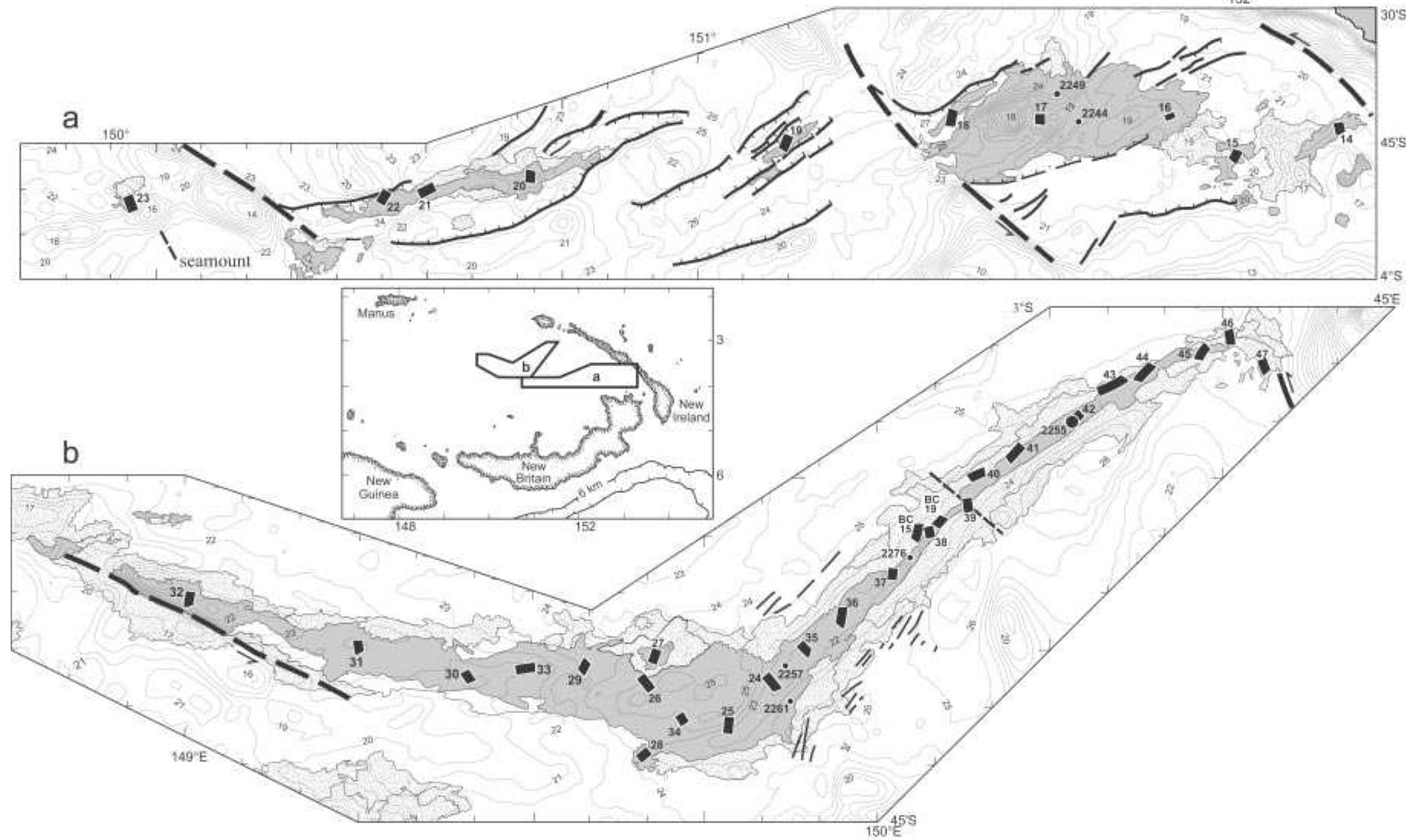Active zones in the manus basin showing all sample locations
