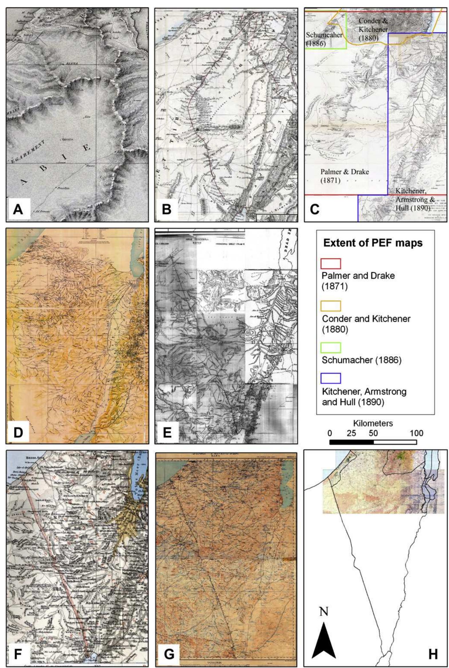 Examples of some negev maps. a: jacotin (1826); b: kiepert