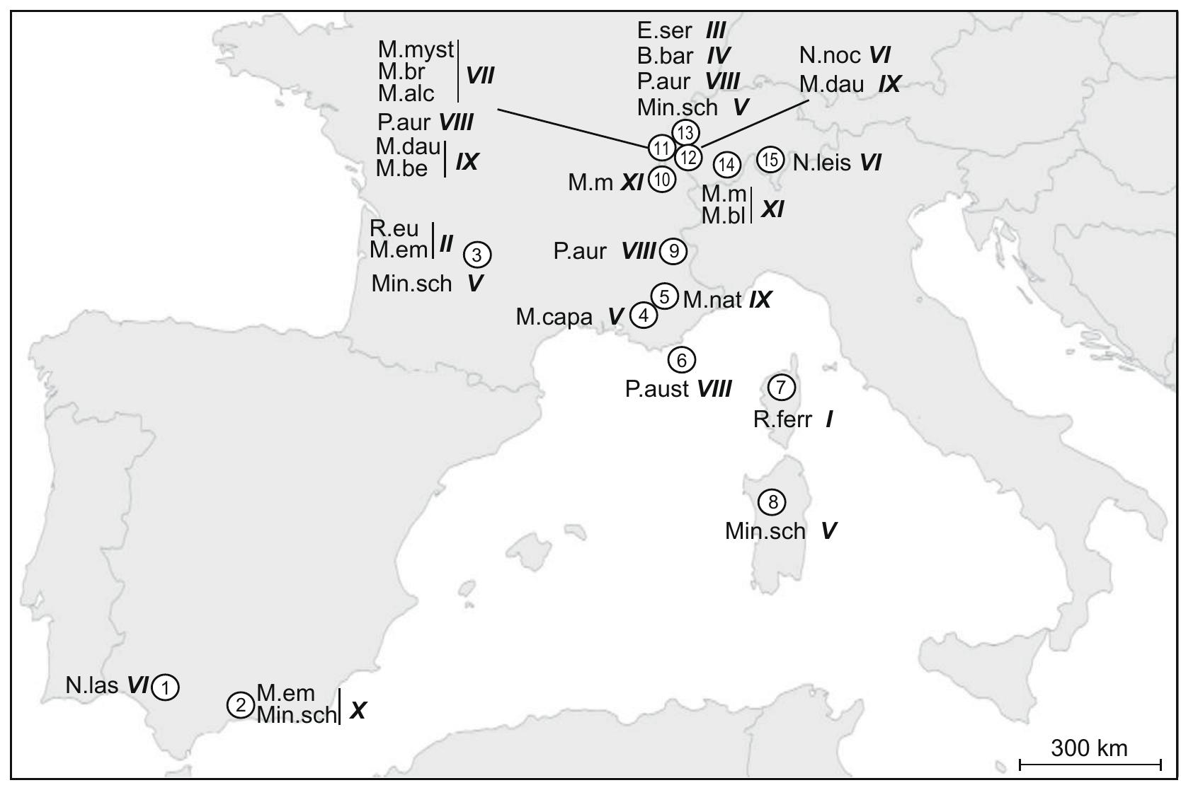 Map of the sample locations (1-15) of all bat species