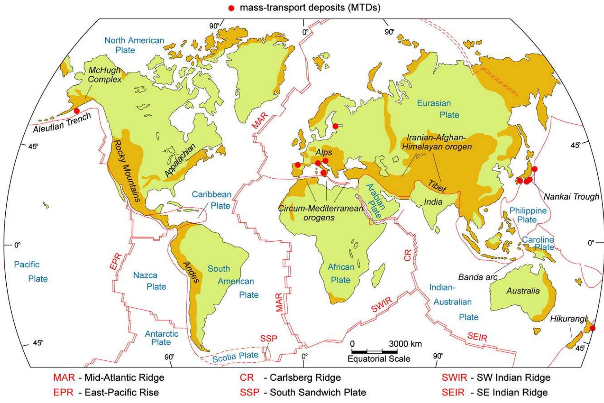 World map showing the lithospheric plates, their boundaries,