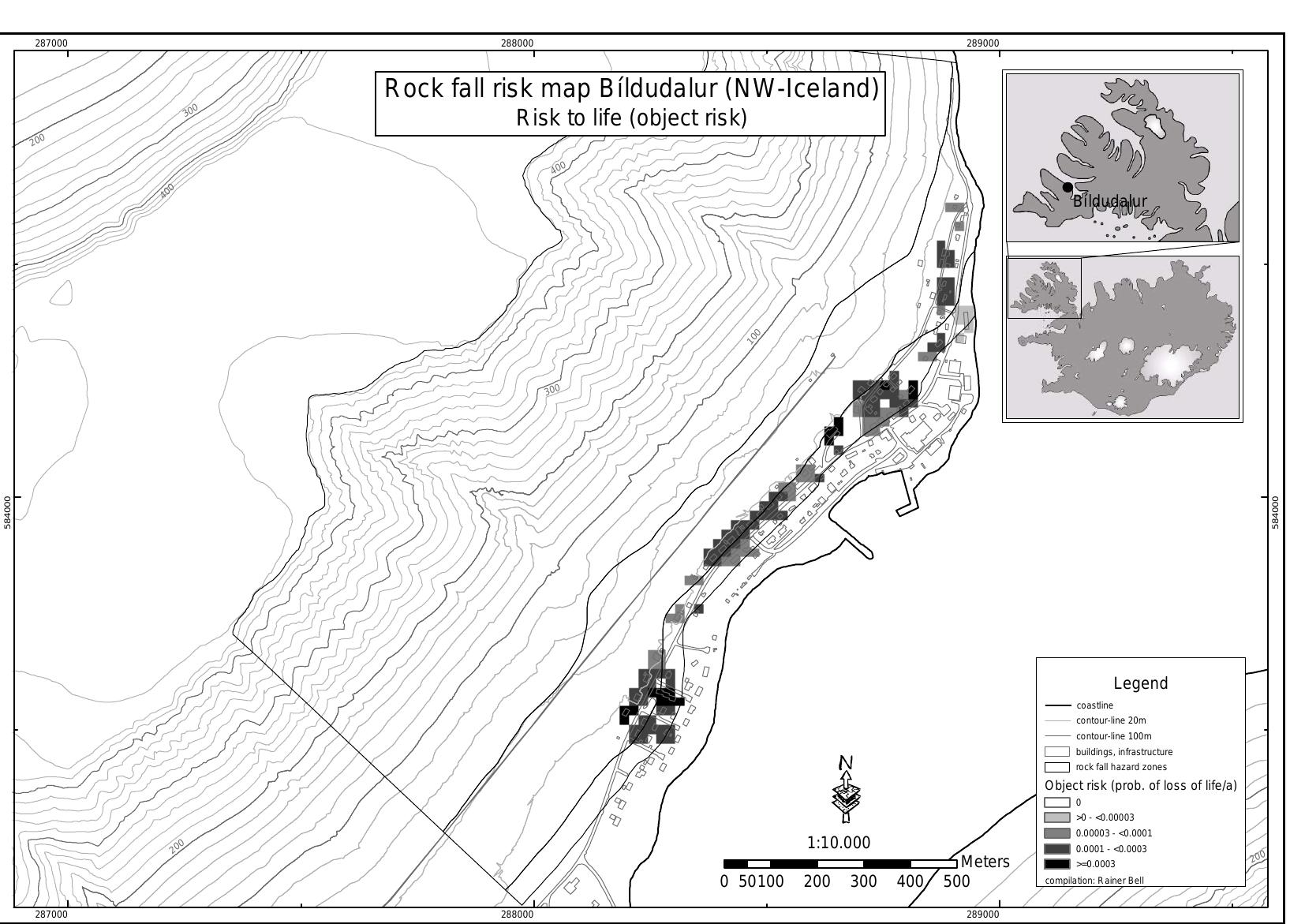 Rock fall risk map - object risk to life.