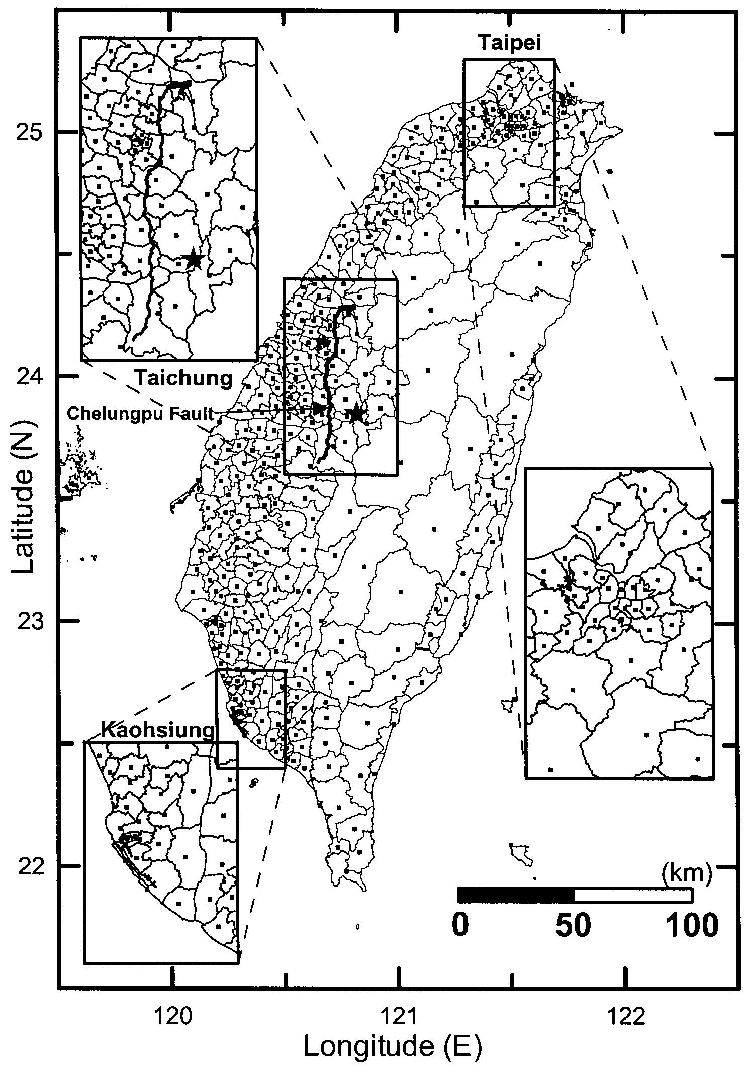 A map of taiwan marking the boundaries of townships, which