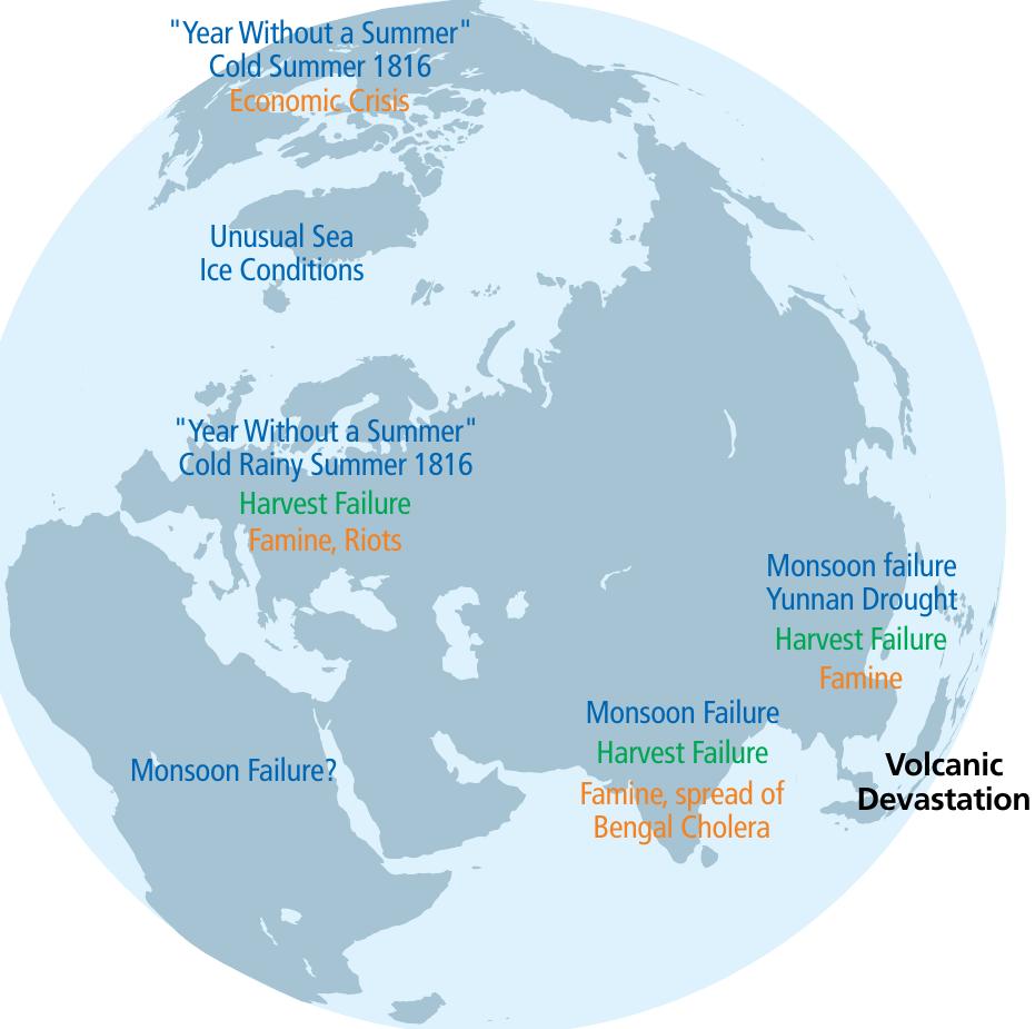 Schematic map of the impacts of the 1815 tambora eruption