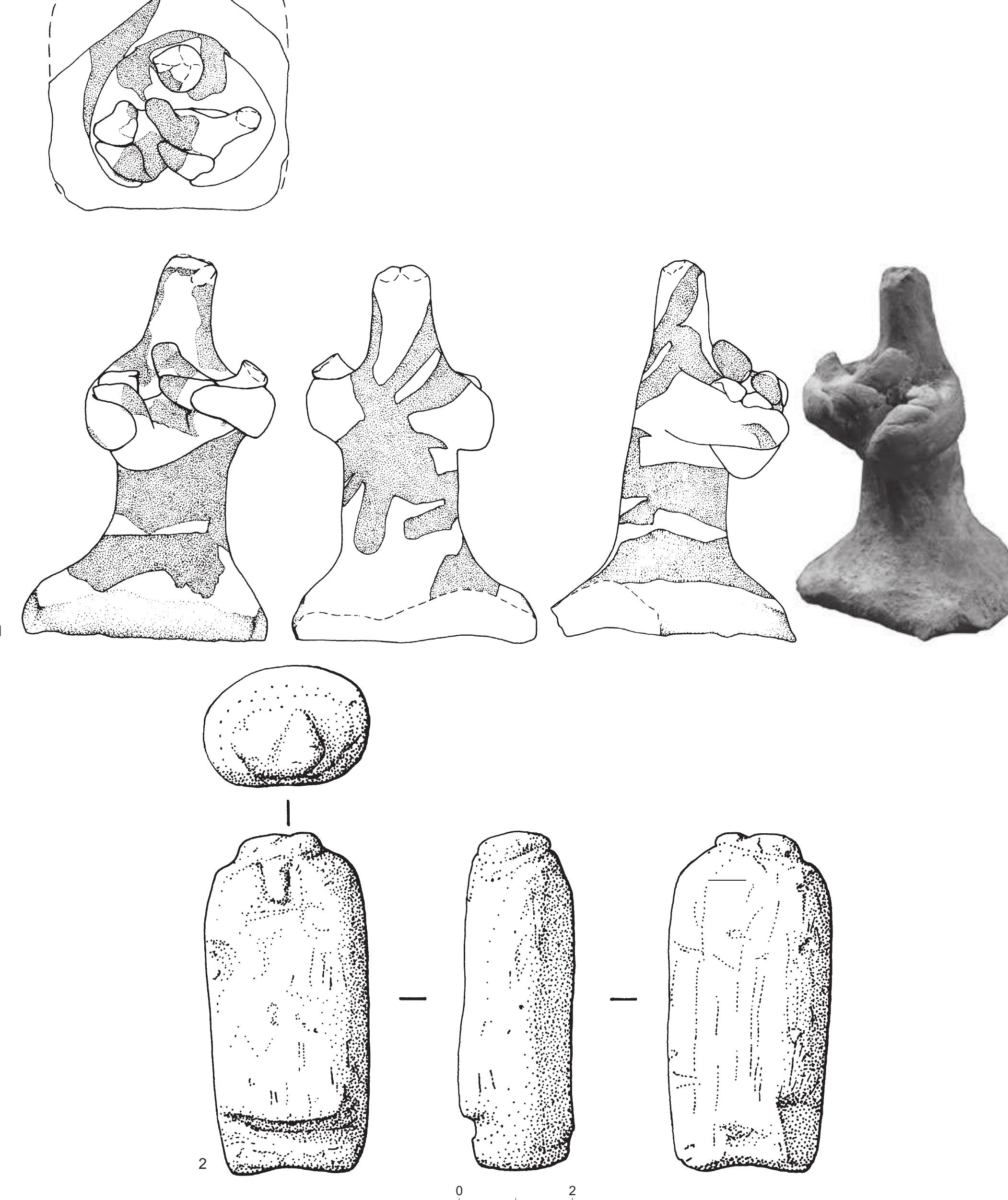 1. miniature anthropomorphic sculpture: clay figurine of a