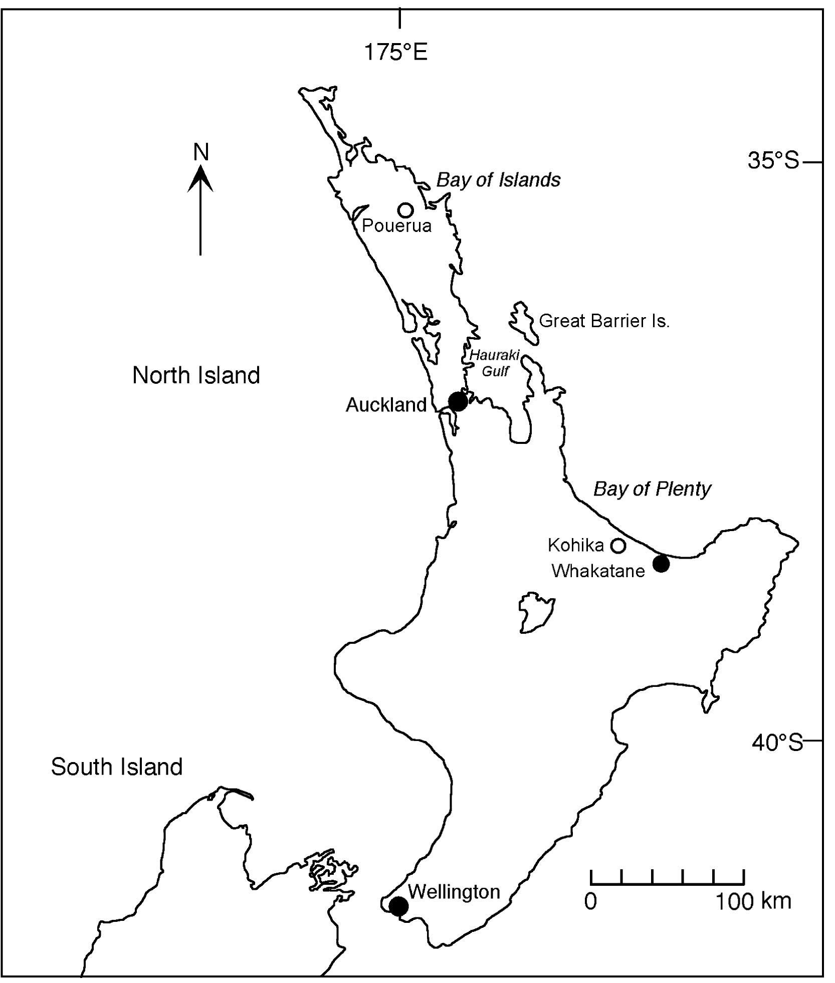 Map of north island showing location of sampling sites.