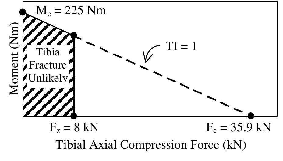 Shows a graph of the tibia index limit line (ti = 1) for the