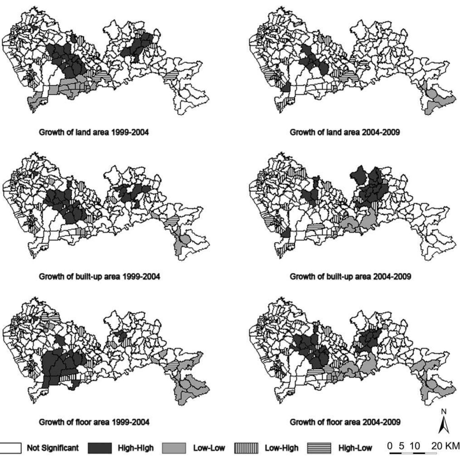 Lisa cluster maps of the growth of land area, built-up area
