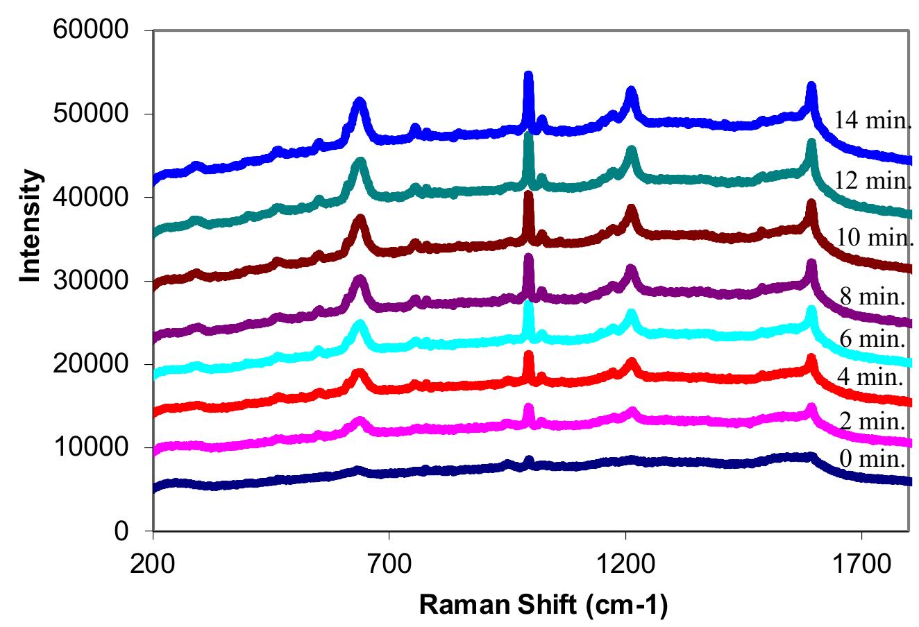 Temporal evolution of toluene vapor sers spectrum at 25 °c.