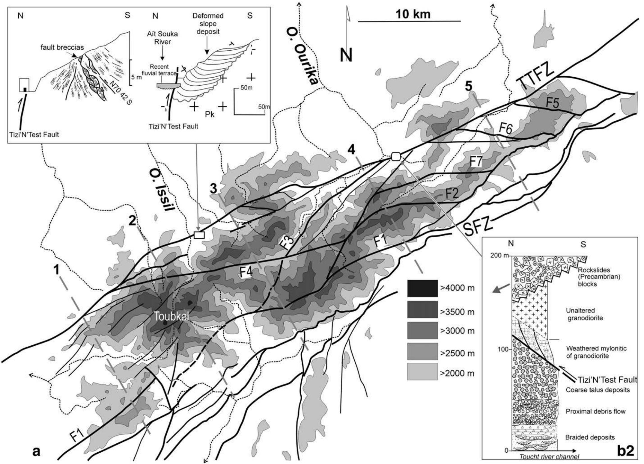 Fault pattern and deformed quaternary deposits. a— fault