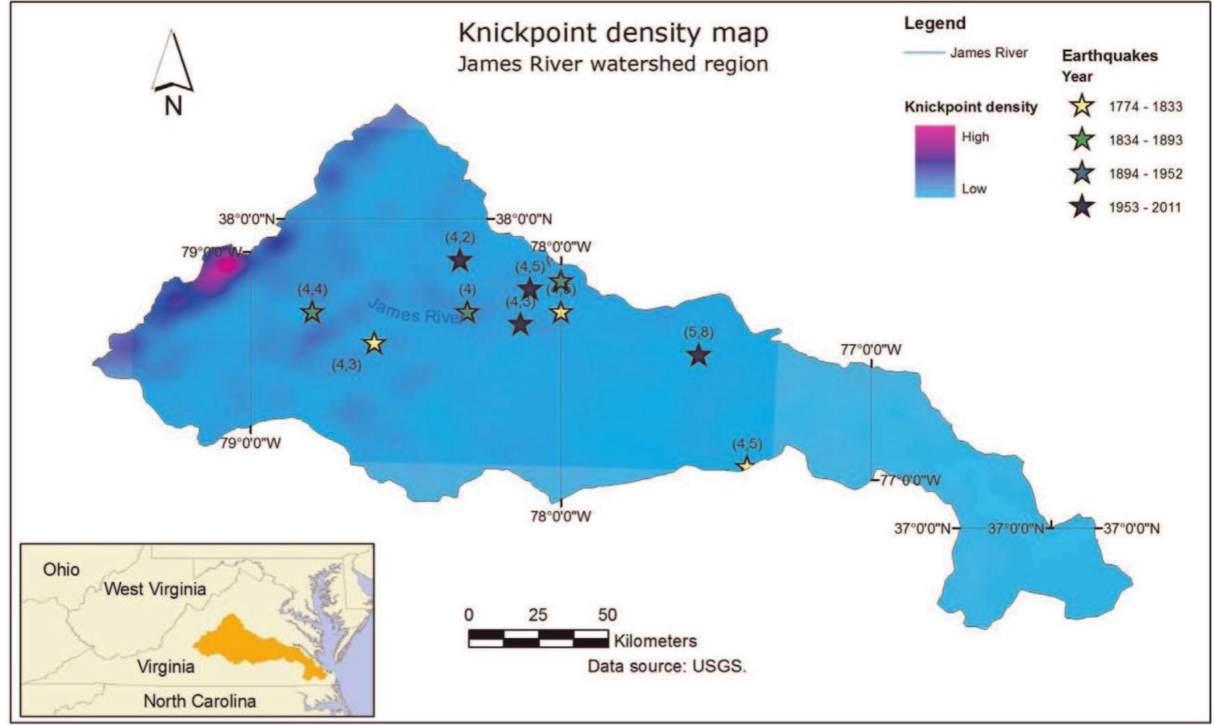 Knickpoint density map after filtering using the ratio