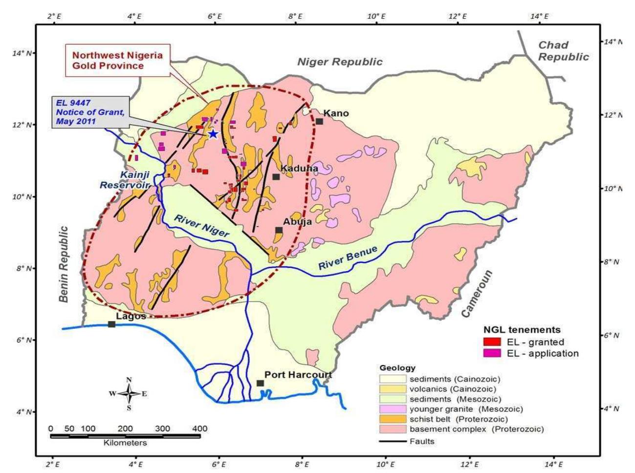 Geological map of nigeria overlain by auz gold tenements at