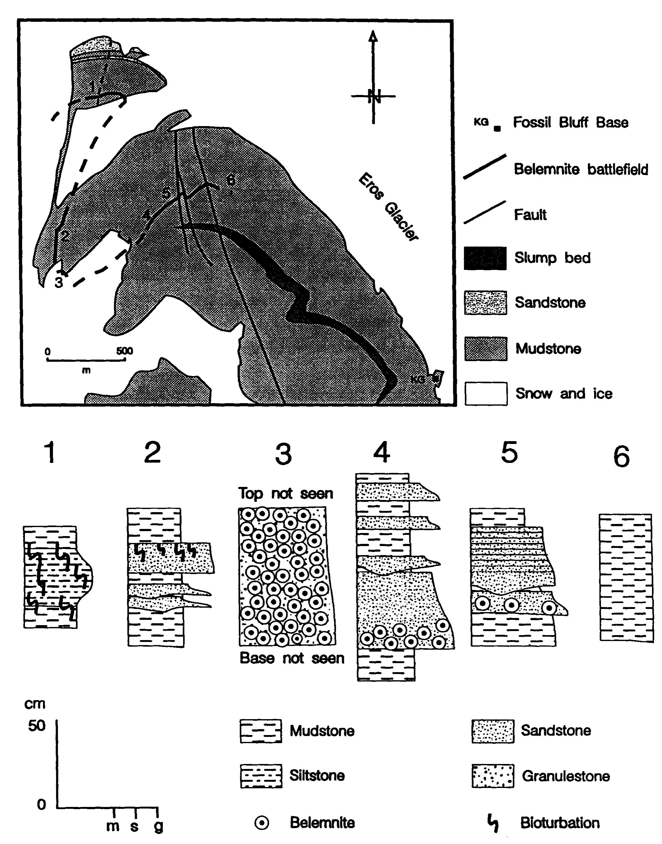 Geological sketch map of the area north of fossil bluff base