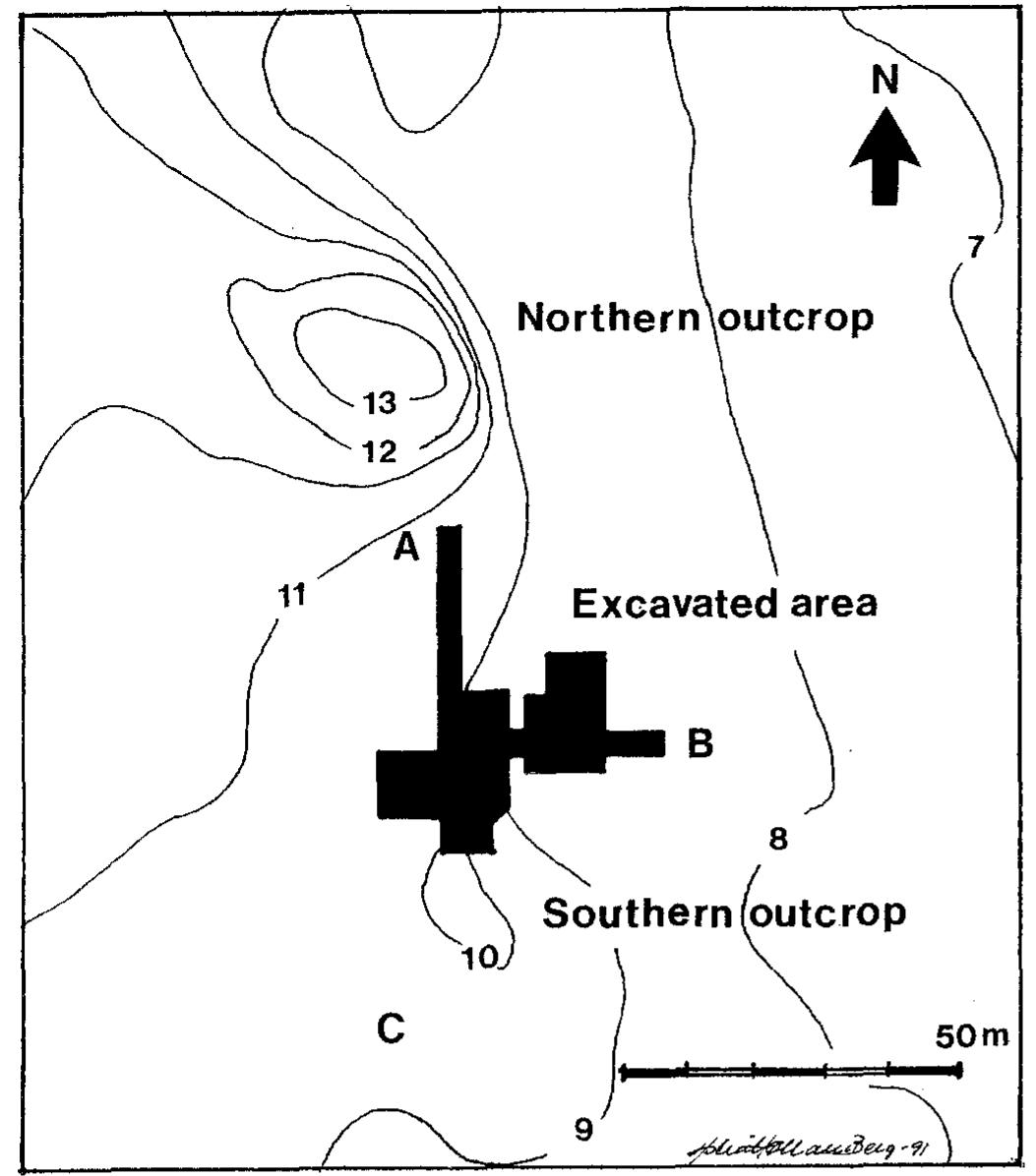 Map showing the excavated area (shaded) with con- tours (m
