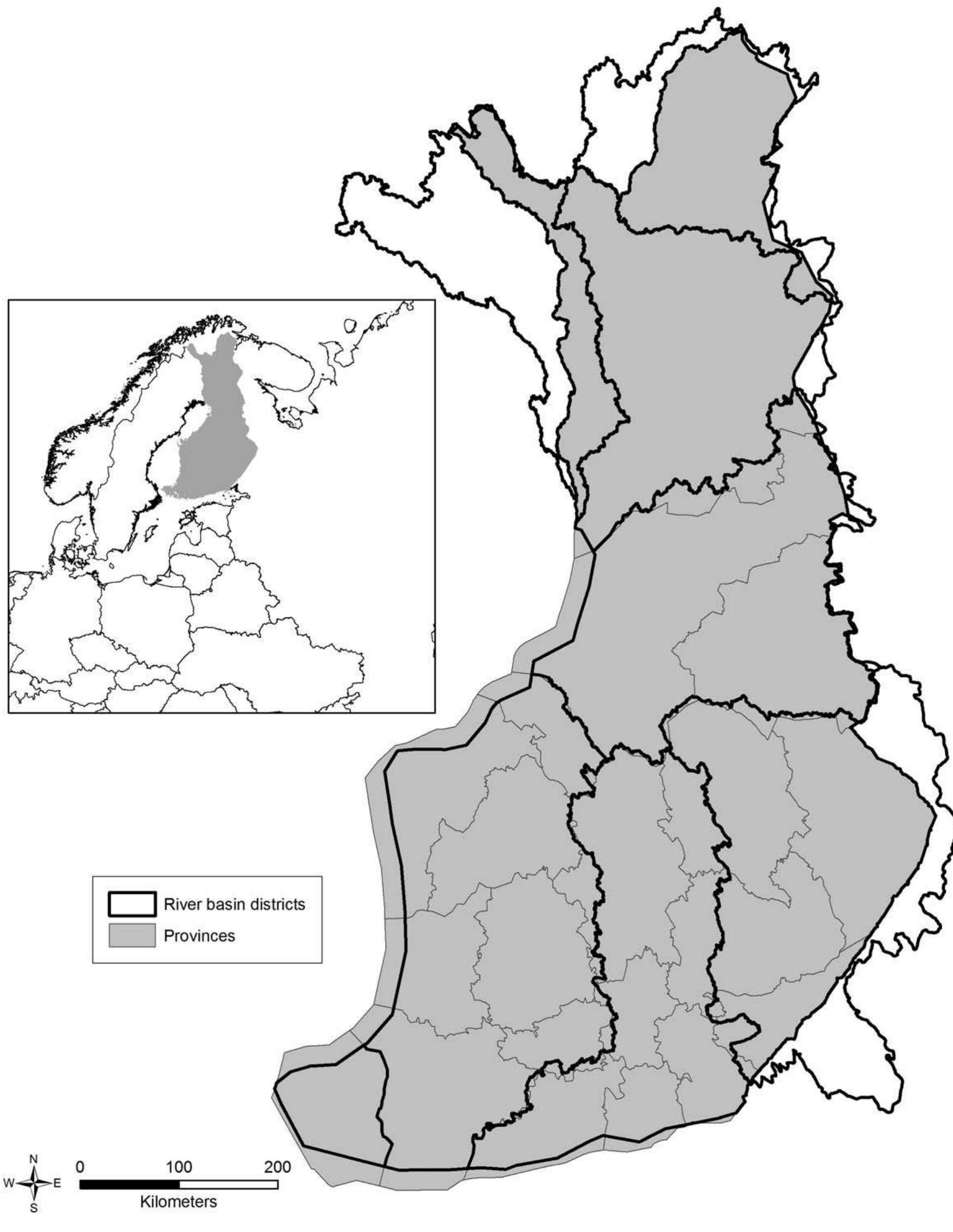The river basin districts (8) and provinces (20) of finland