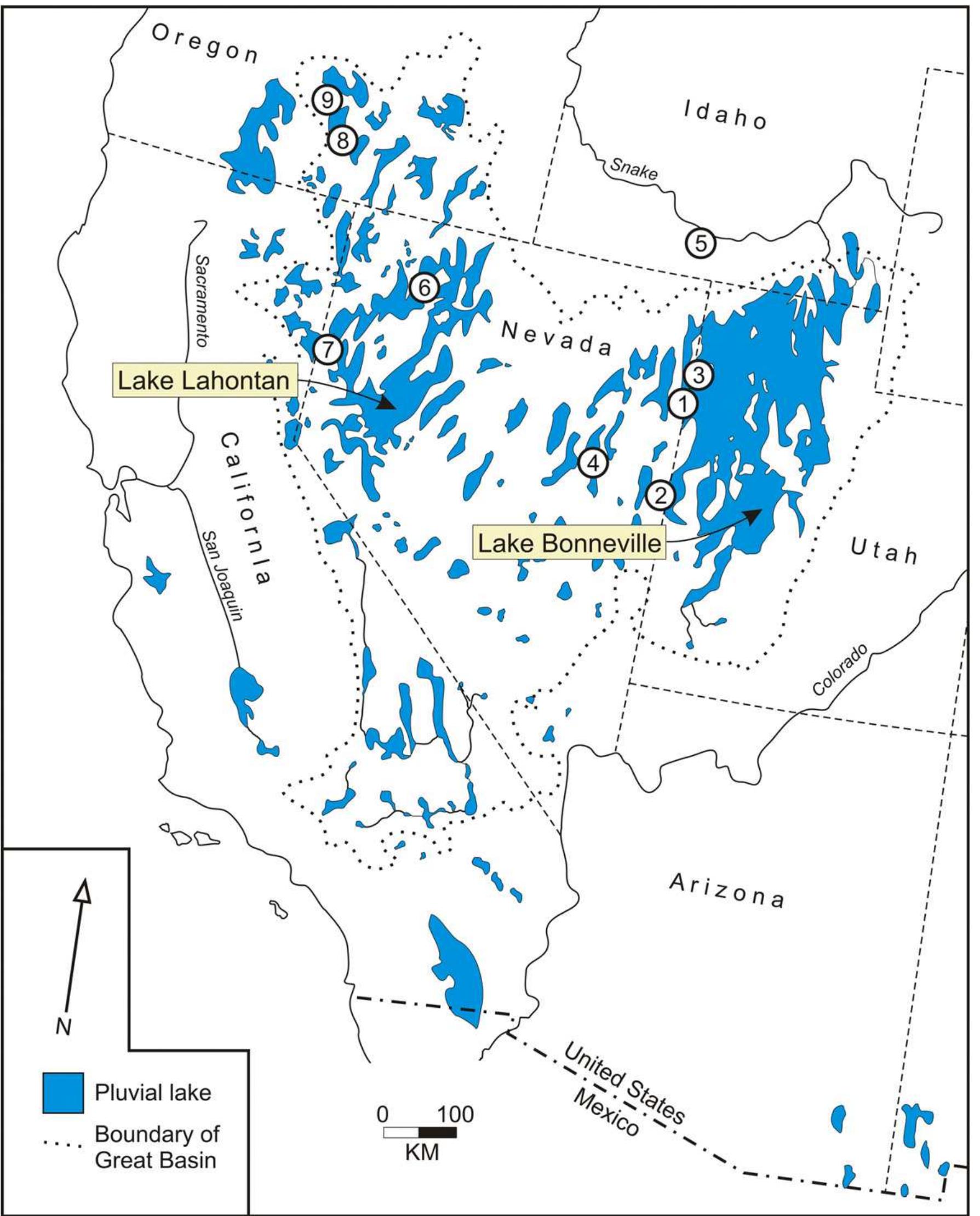 Distribution of pluvial lakes within the great basin during