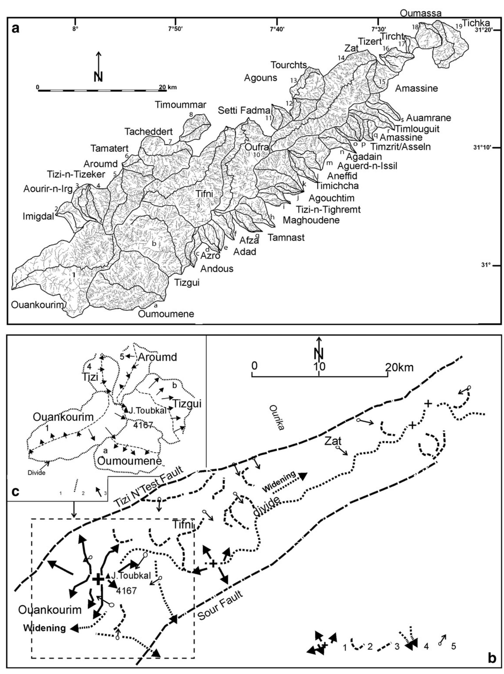 Network and anomalous drainage. a: drainage pattern