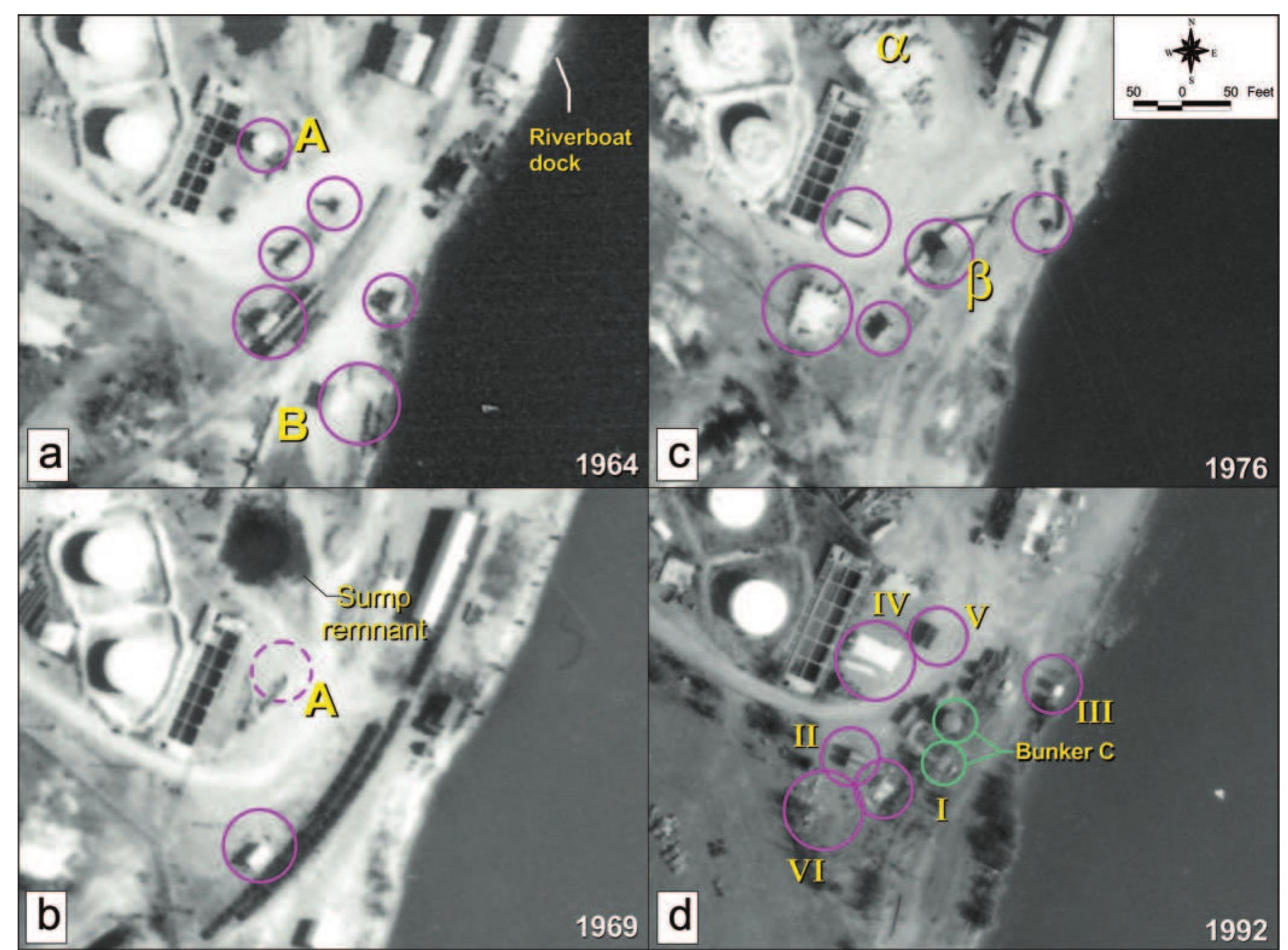 Evolution of the y-tank and railcar loadout area in a) 1964;