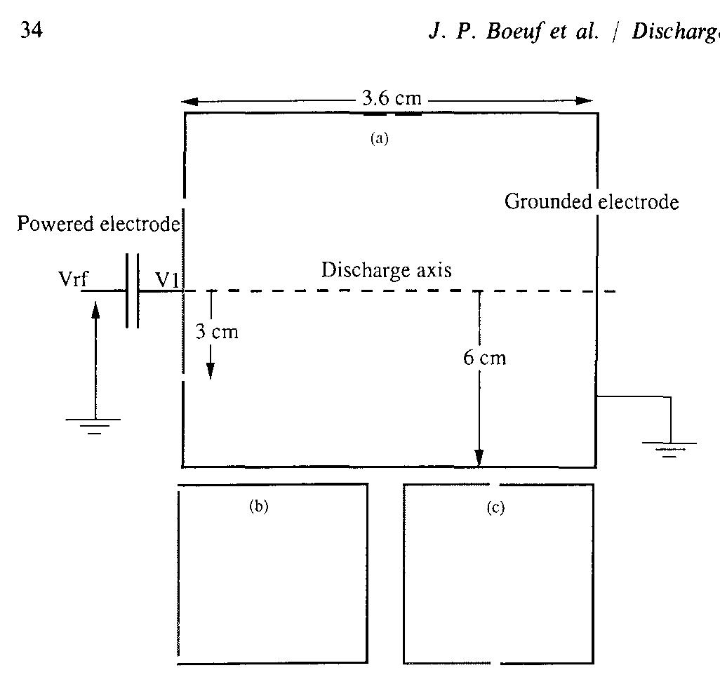 Electrode geometries used in the 2d fluid model of a silane