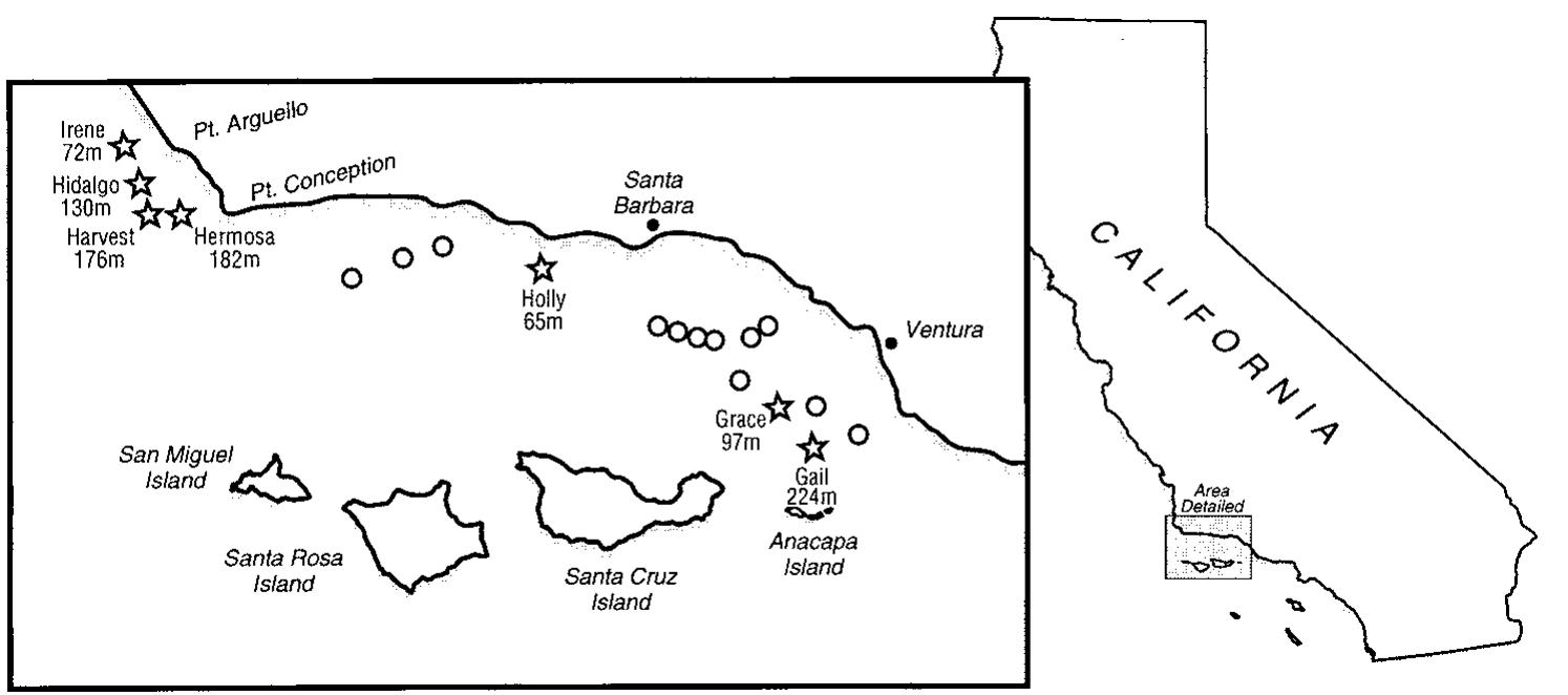 Locations of oil platforms and mussel mounds in the santa
