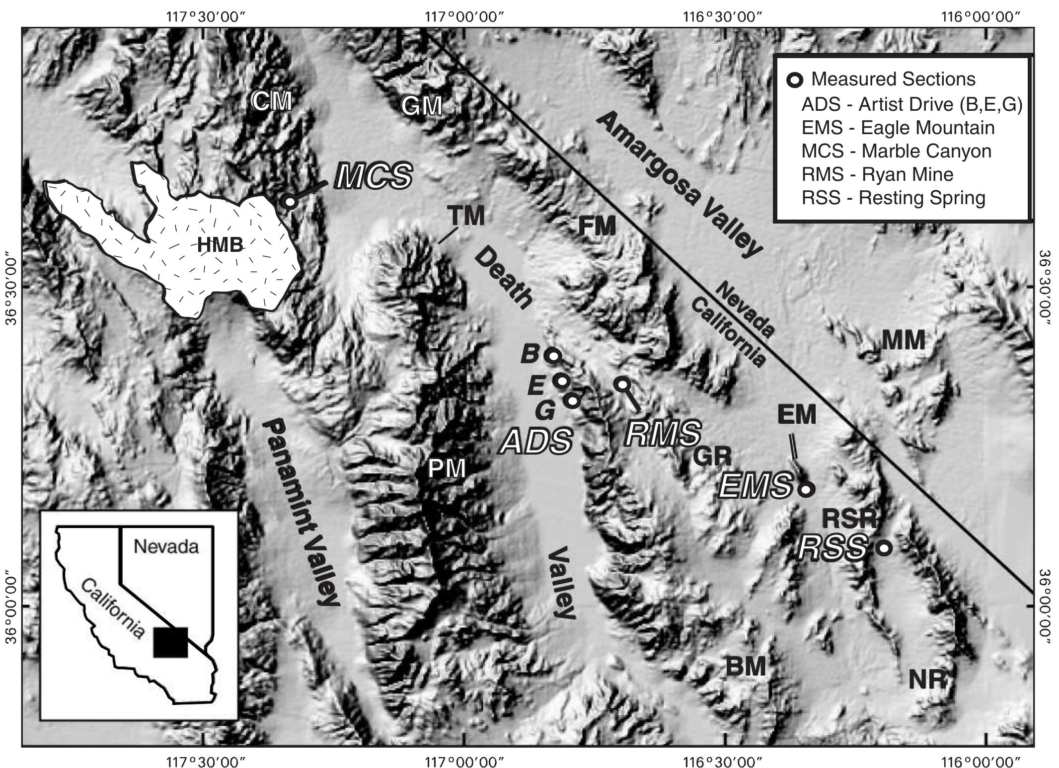 Map showing major ranges and basins in the death valley