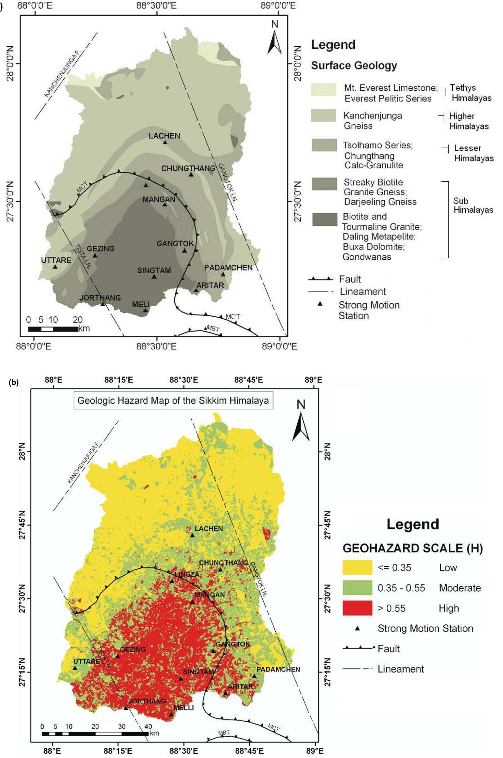(a) surface geological and (b) the geohazard maps of sikkim