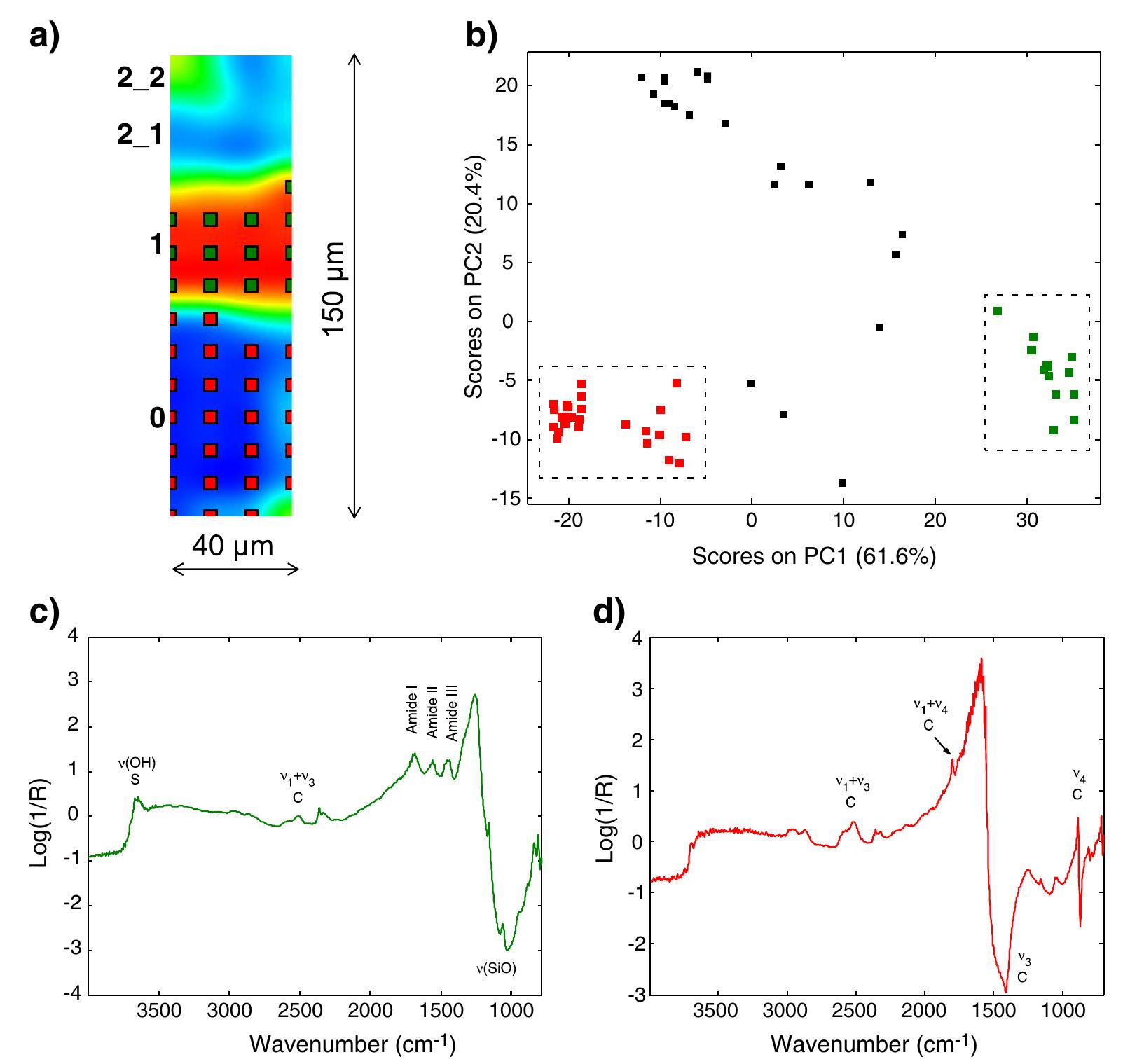 T2 embedded in kbr. a) pc1 score map, b)pc1-pc2 score plot,
