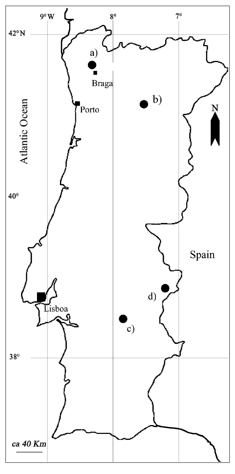 Map of portugal with the location of the samplers, a) braga