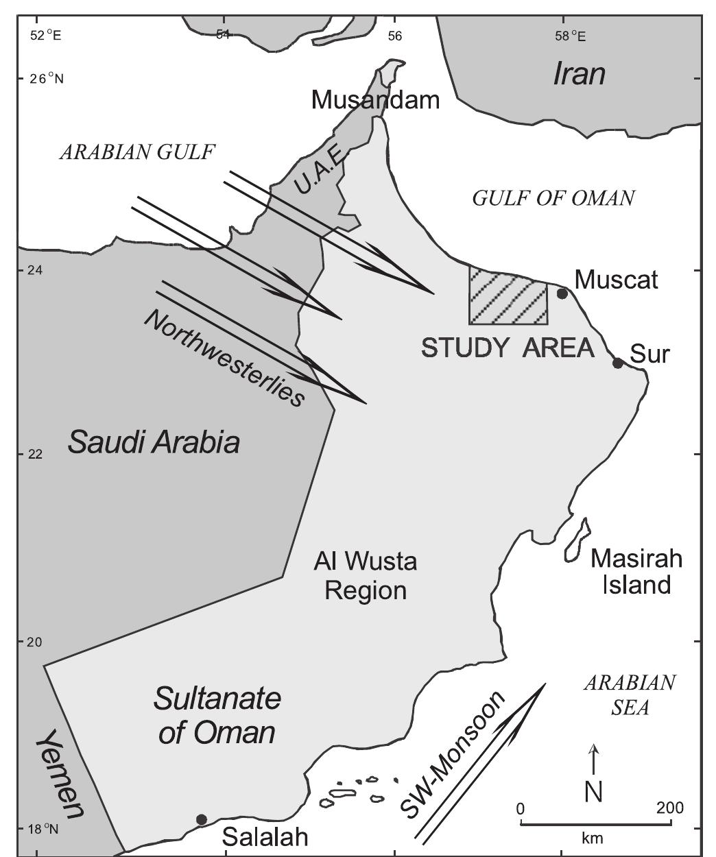 Map of the sultanate of oman showing the location of the