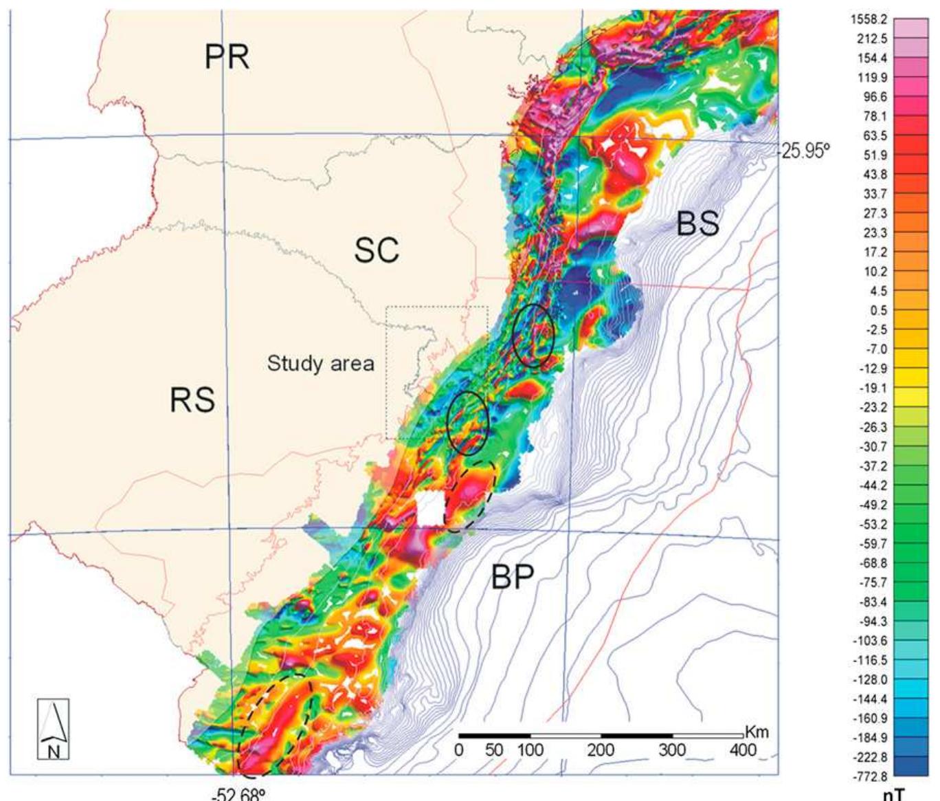 Magnetic field intensity map of southern brazil,