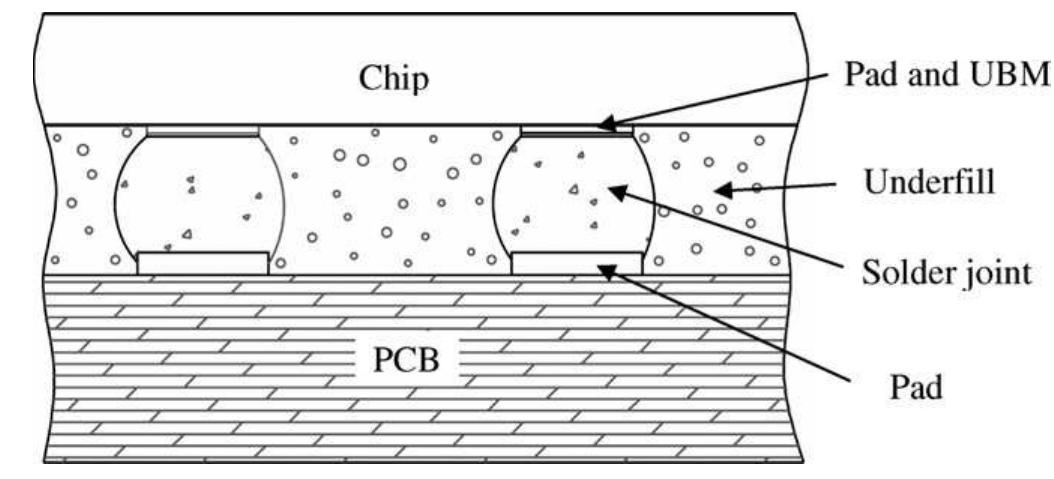 Schematic structure of solder joints in a flip chip package.