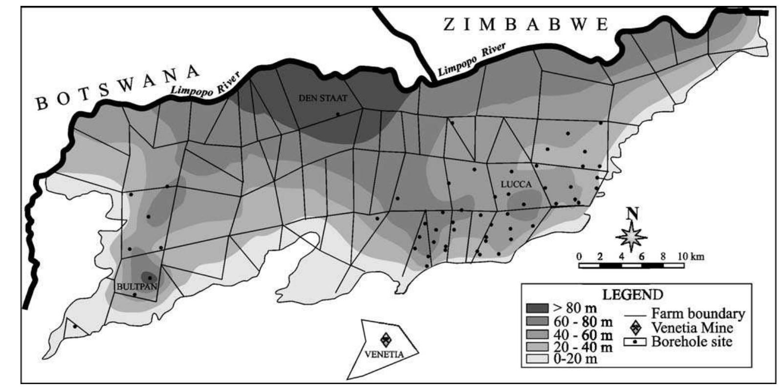 Isopach map of the basal unit in the south african portion