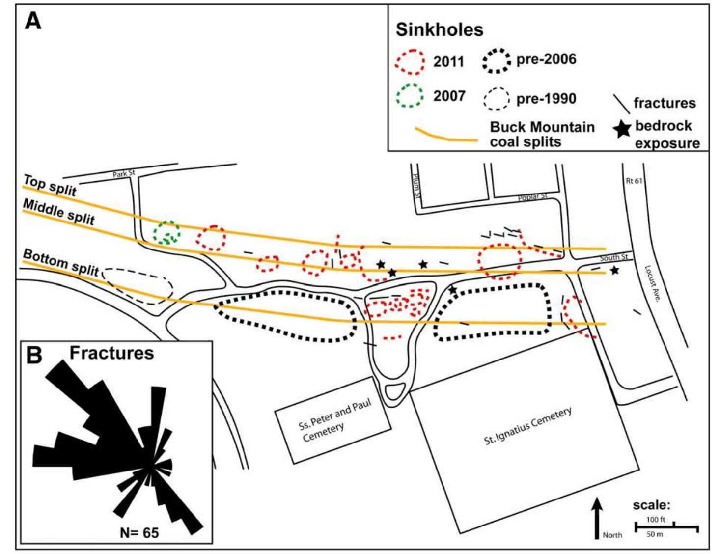 A. map of sinkholes and fractures along fire front 1 in