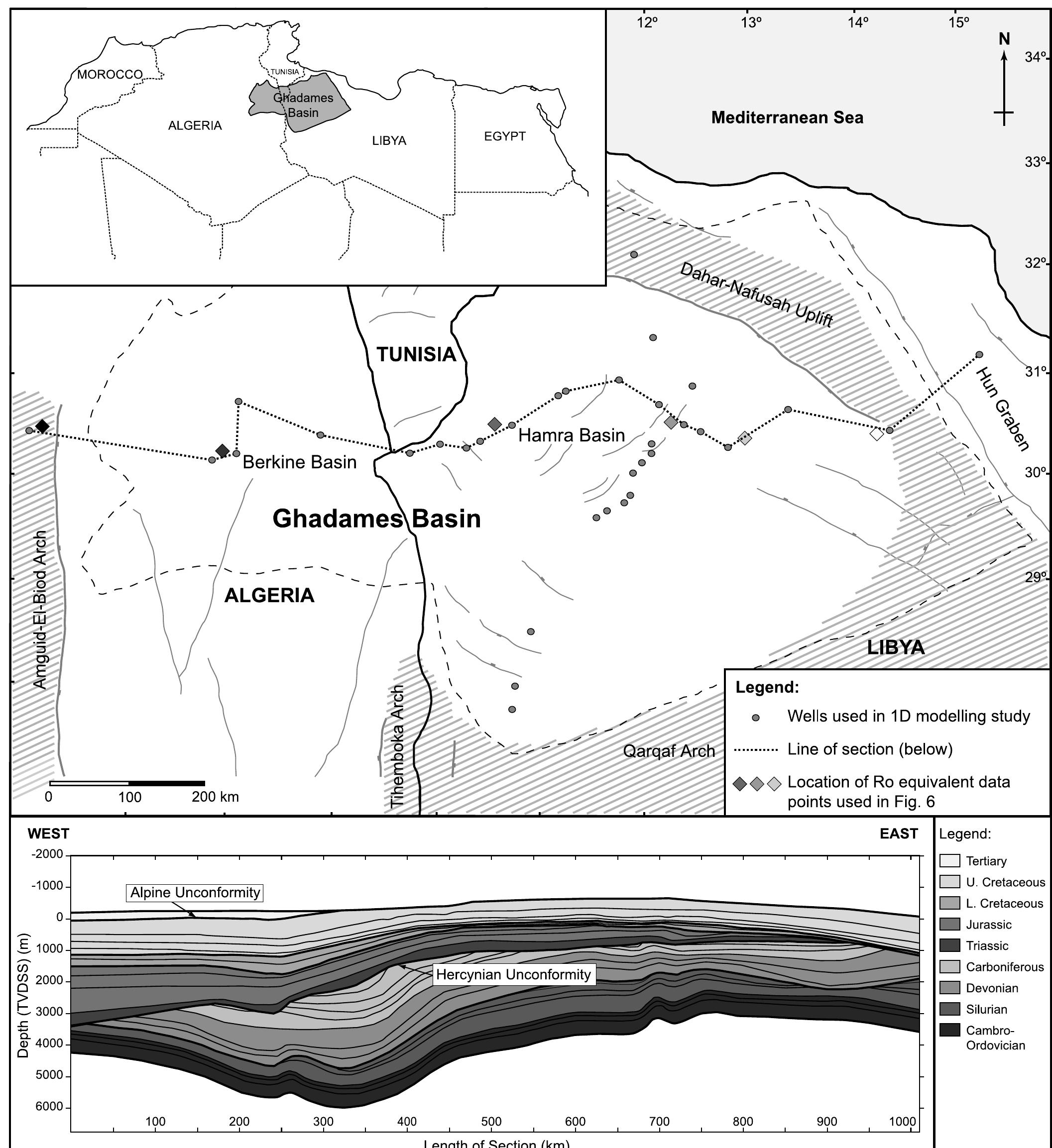 Location map and schematic cross-section of the ghadames