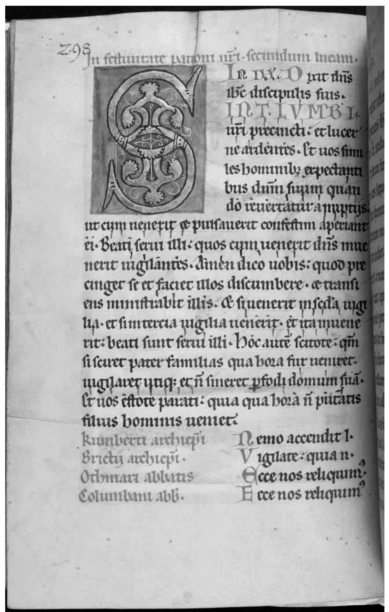 Initial and rubric for pericope for st. martin’s feast. gro