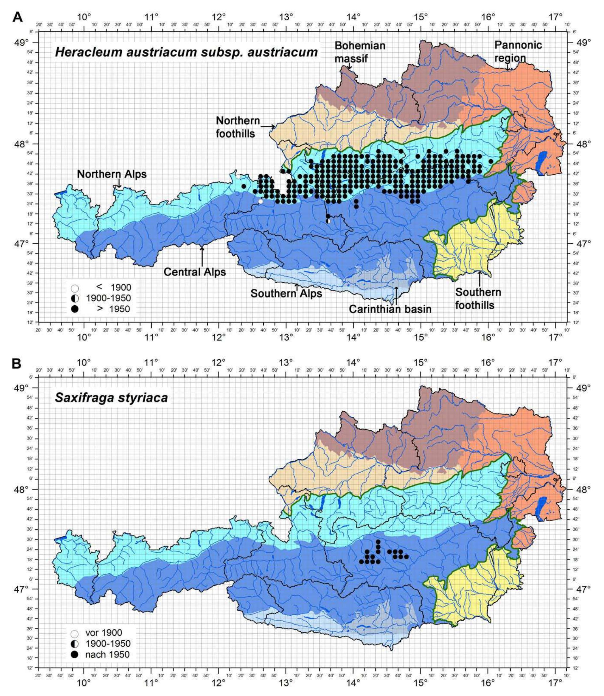 Distribution maps of (a) the calciphilous heracleum