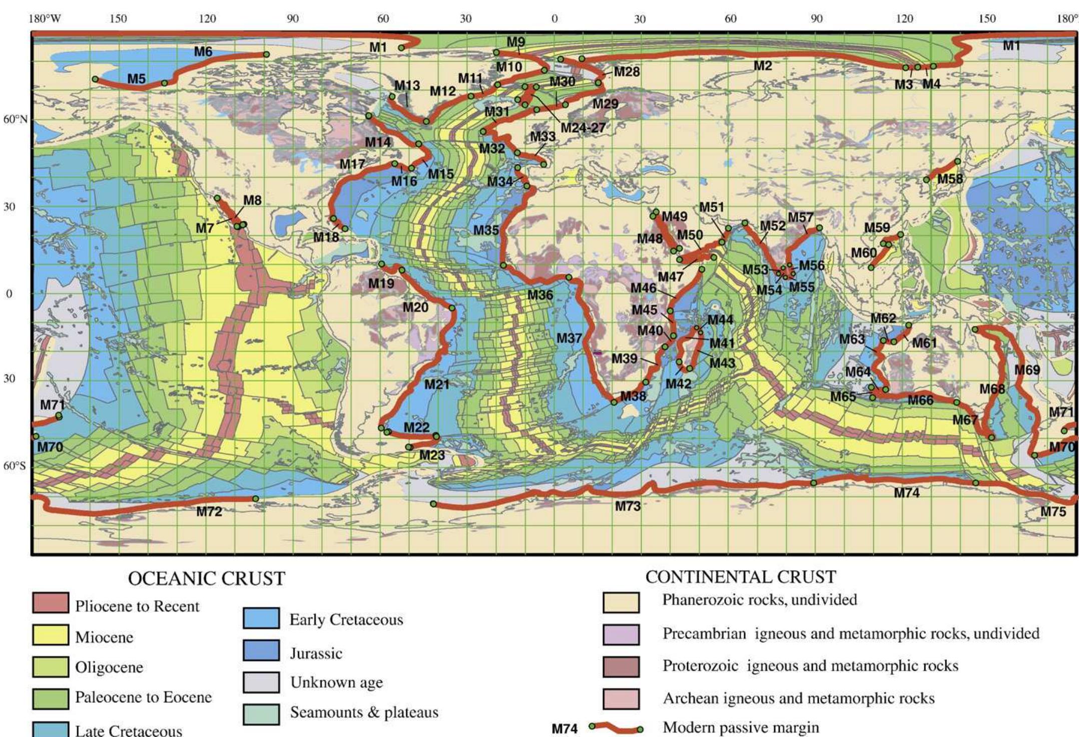 World map showing modern passive margins. base map from