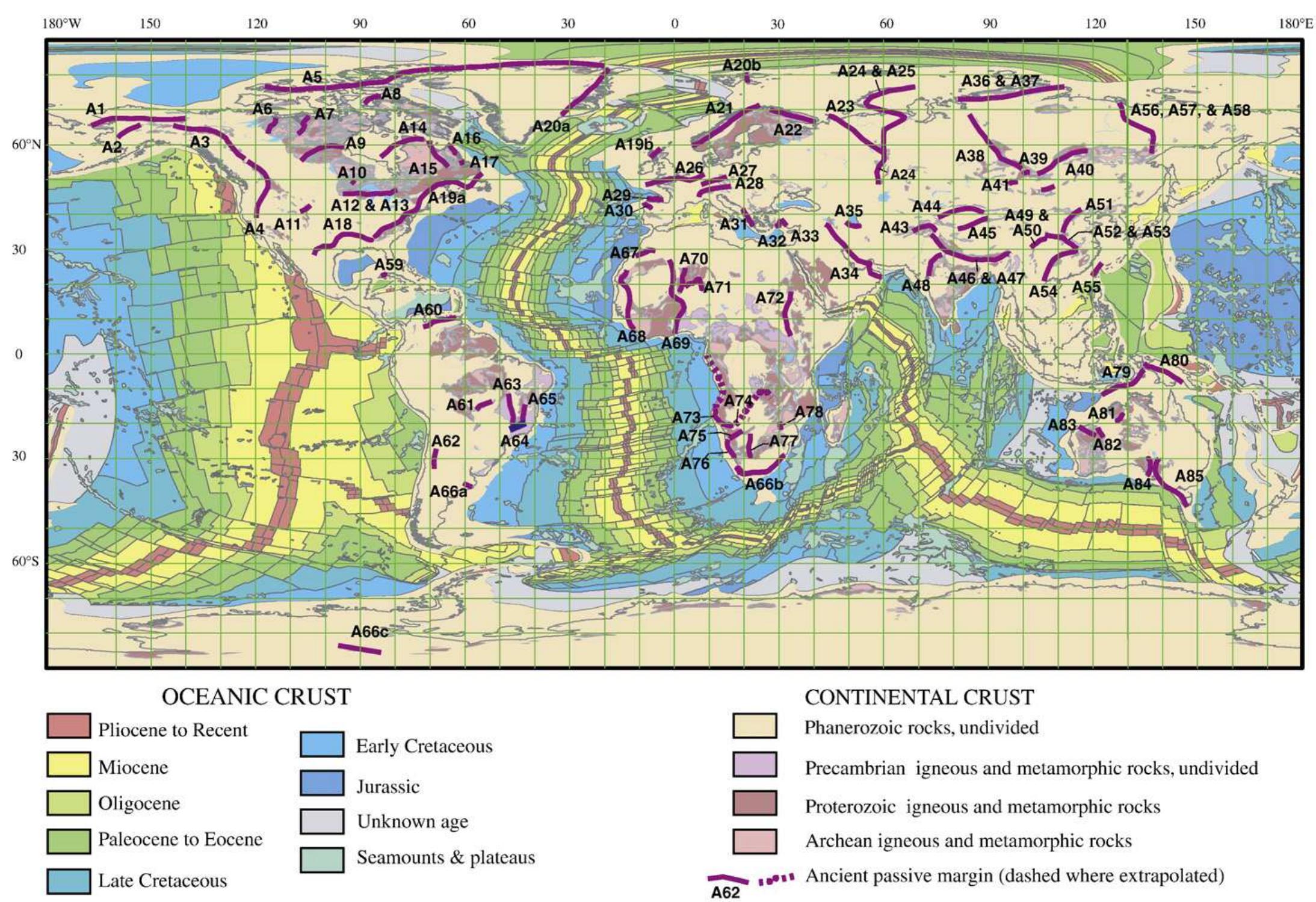 World map showing ancient passive margins. the ancient