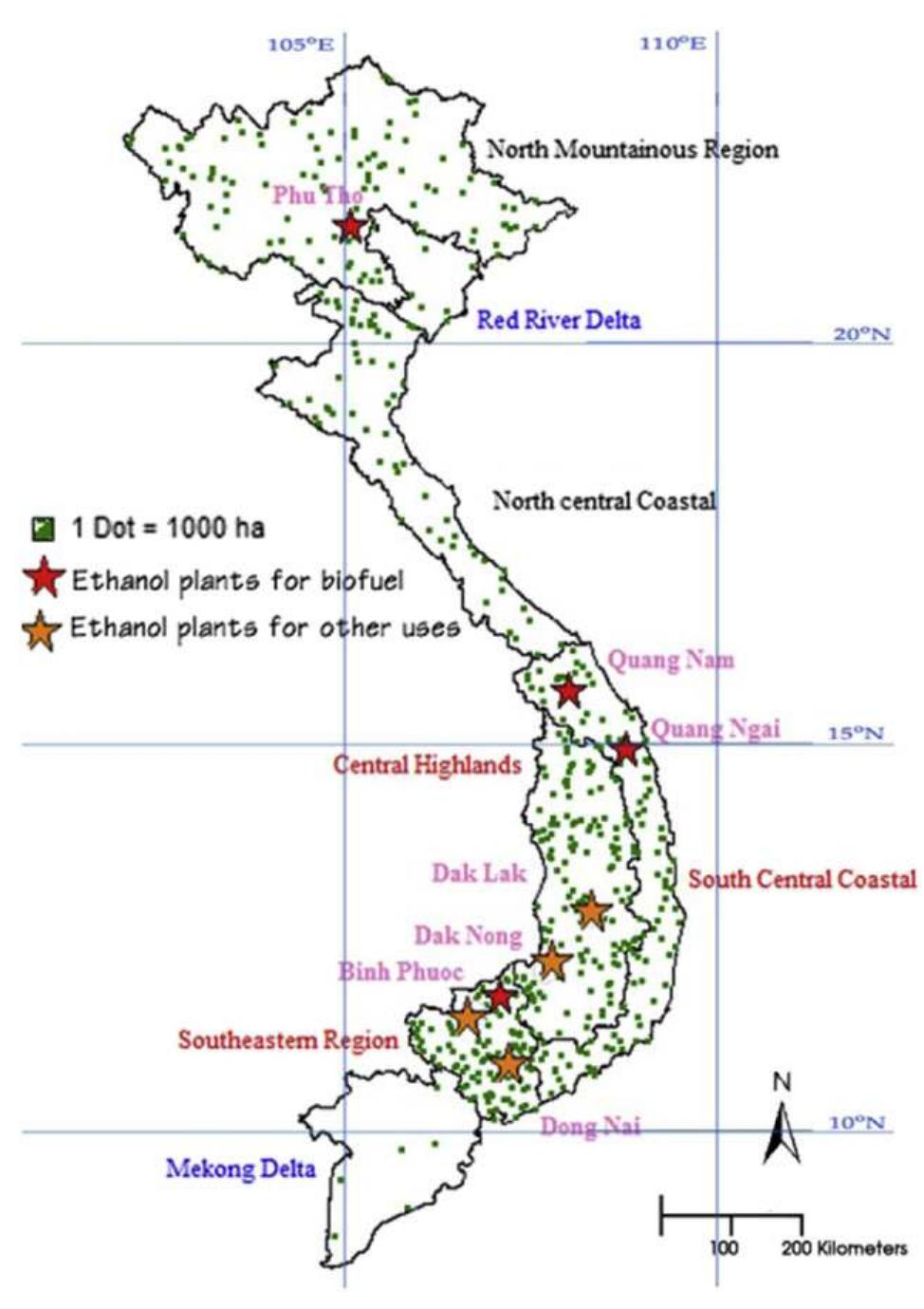 Map 1 — cassava areas and ethanol plants in vietnam. source: