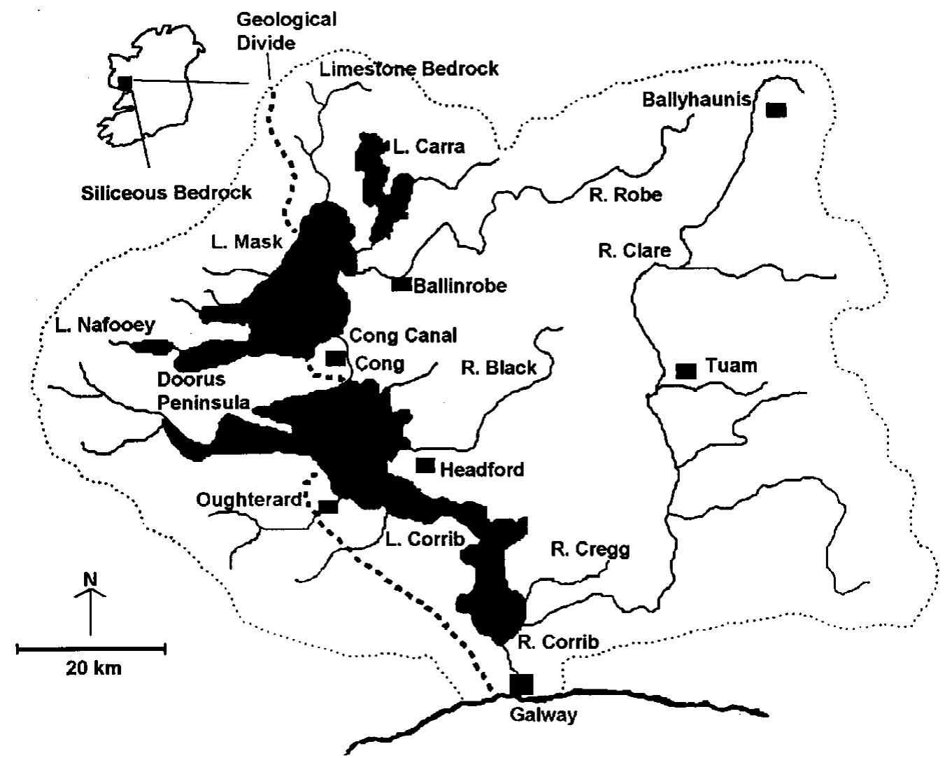 (b) map of lough mask and lough corrib system showing main