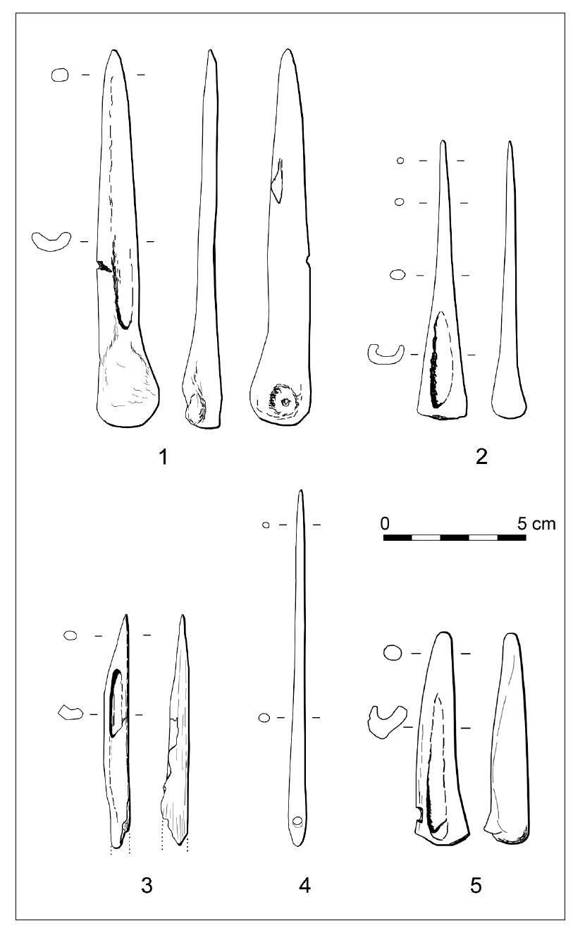 Bone tools from khirokitia: 1-3 awls; 4 needle; 5 edged tool