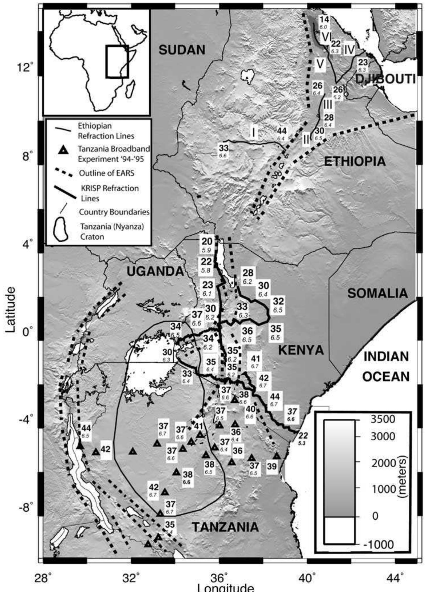 Map showing topography, moho depths (in km), and average