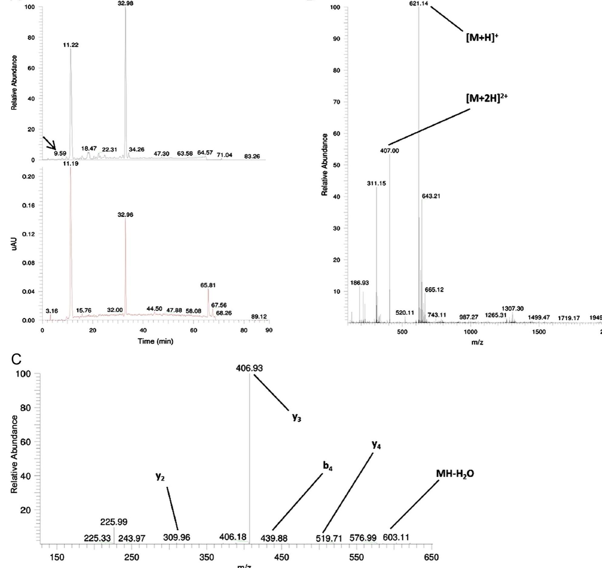Tic and uv chromatogram (a), ms! (b) and ms? (c) spectra of