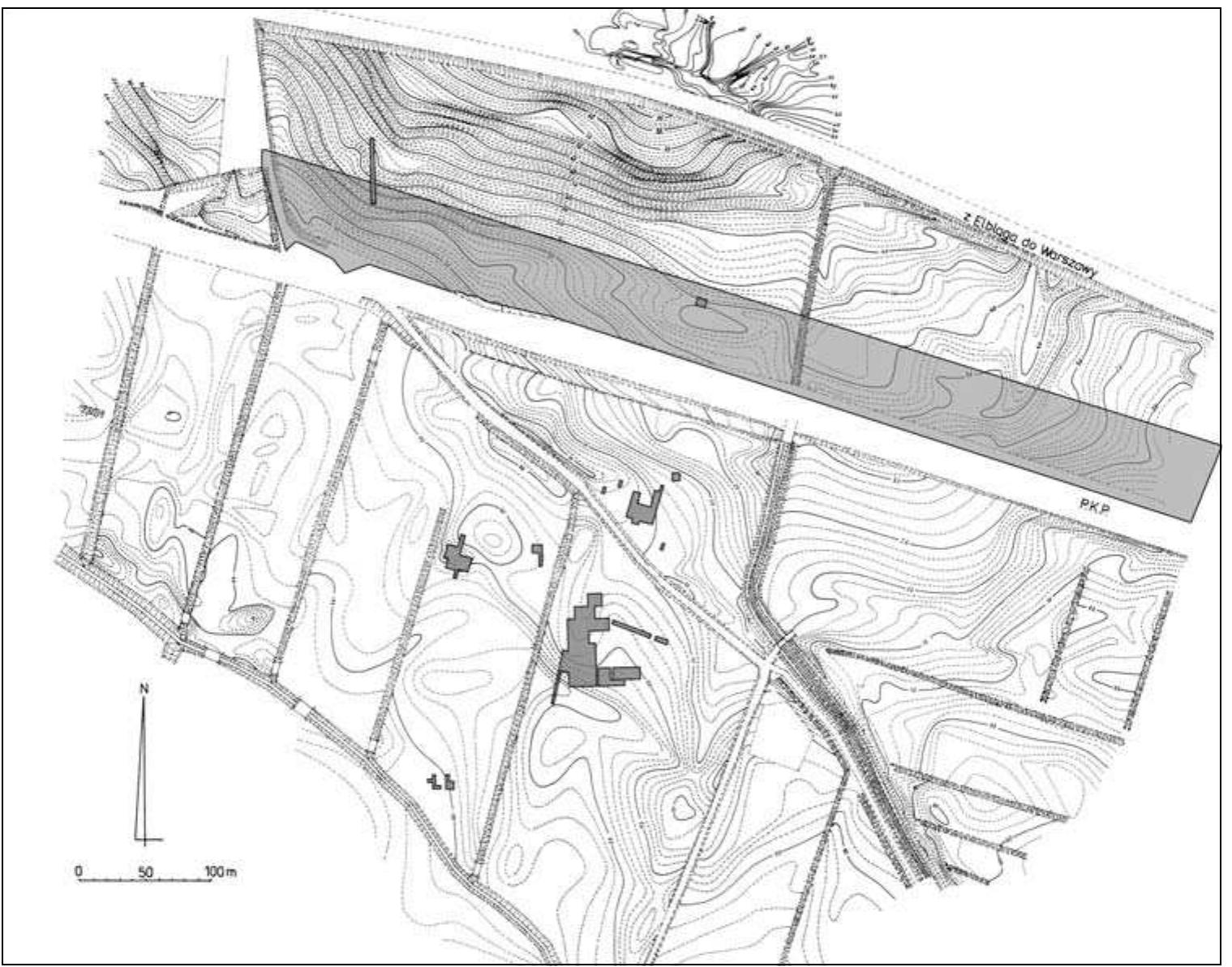 Contour map of the truso settlement marked with the research