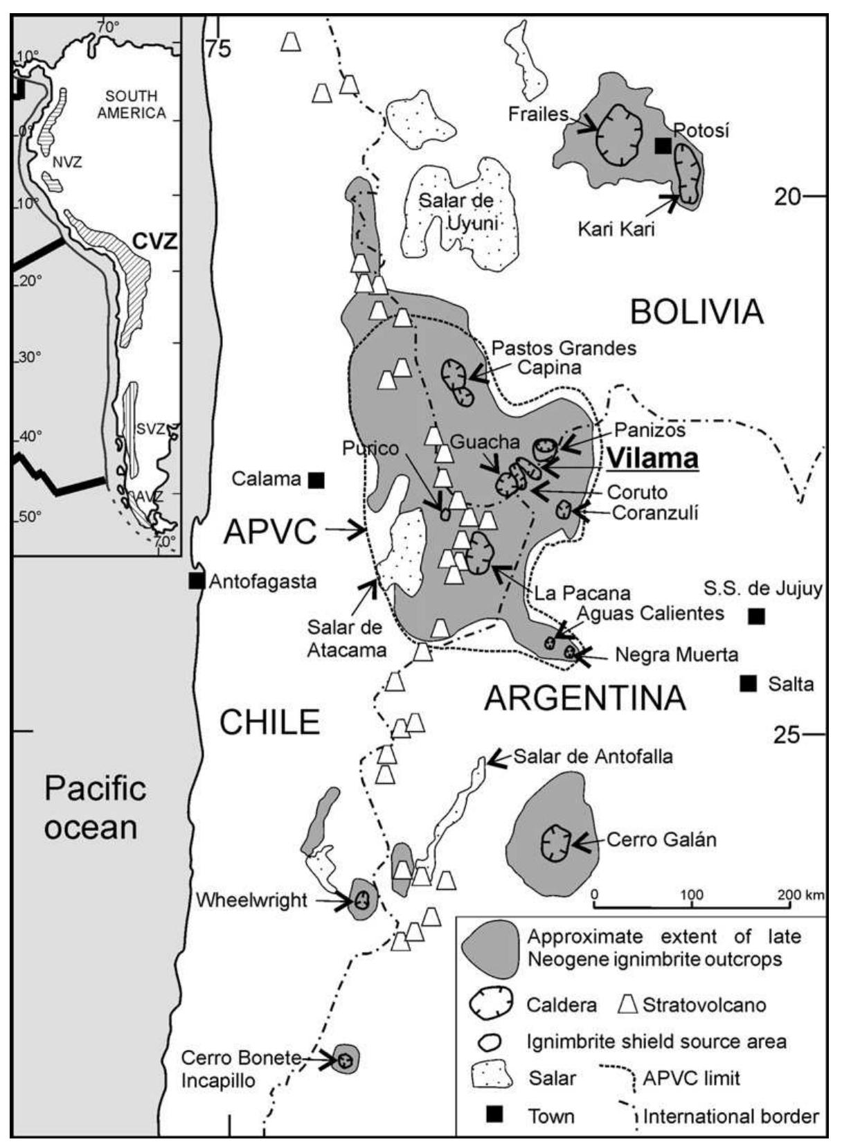 Map of outcrops of late neogene ignimbrites (modified from