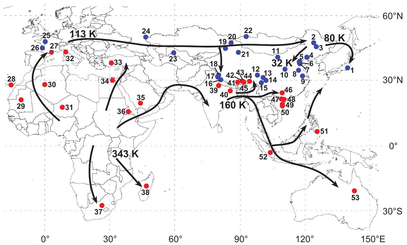 Sampling localities of the migratory locust. blue dots