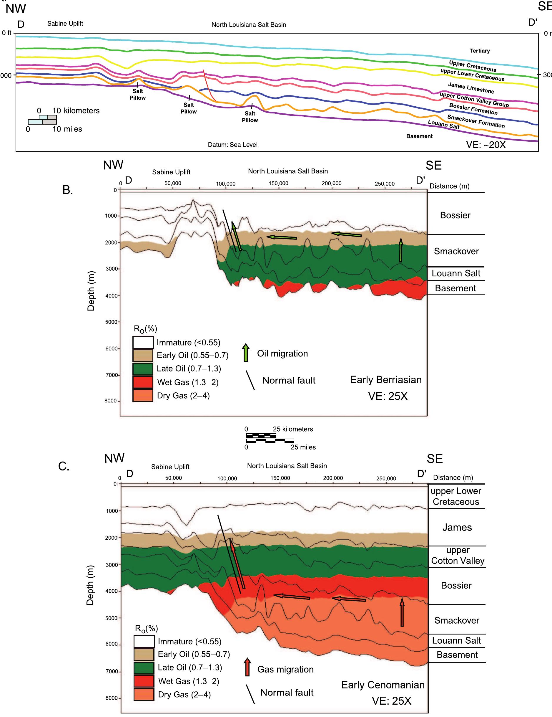 Cross section, geologic model, and hydrocarbon flow pathway