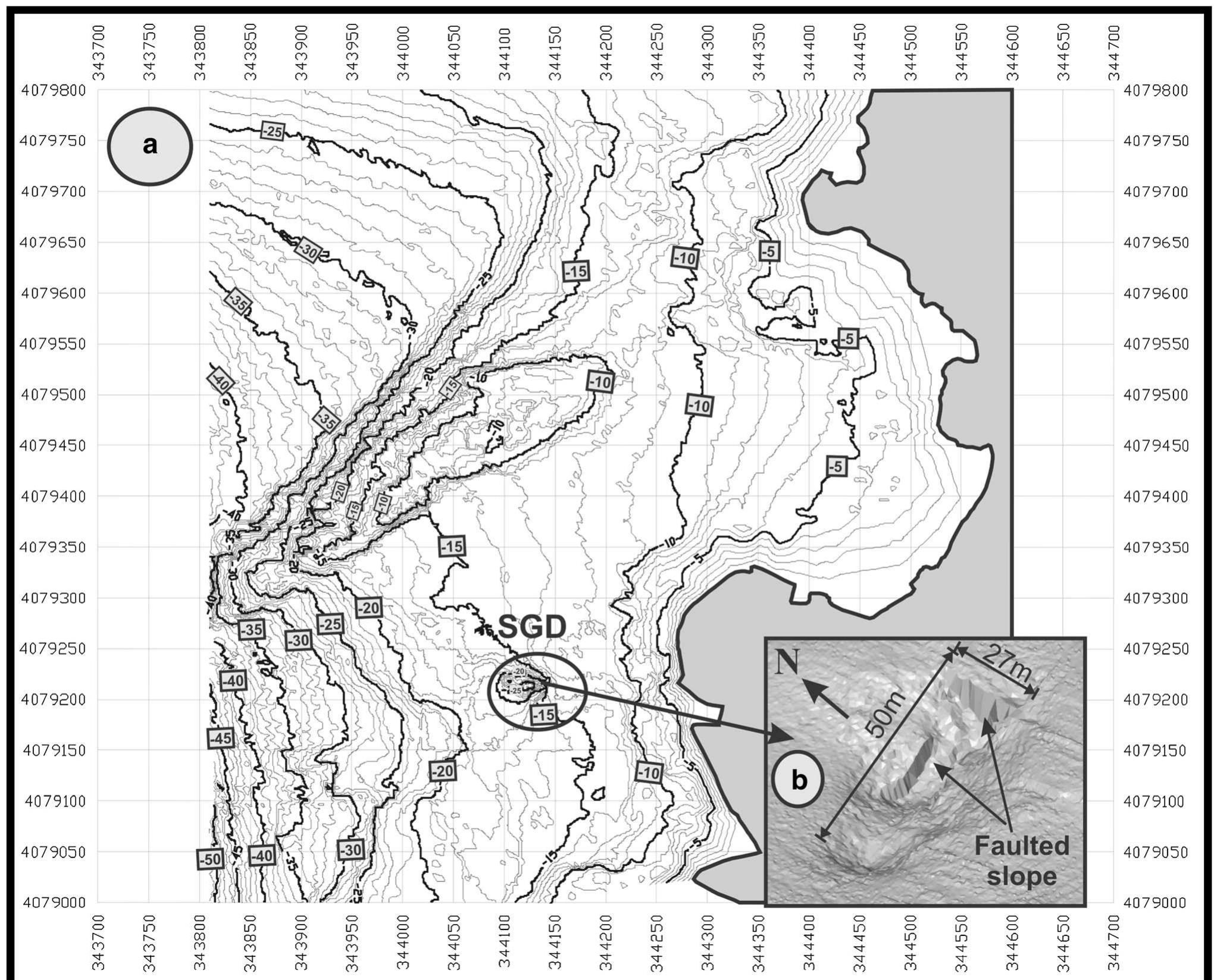 A detailed bathymetric map of the study area; and b 3-d view